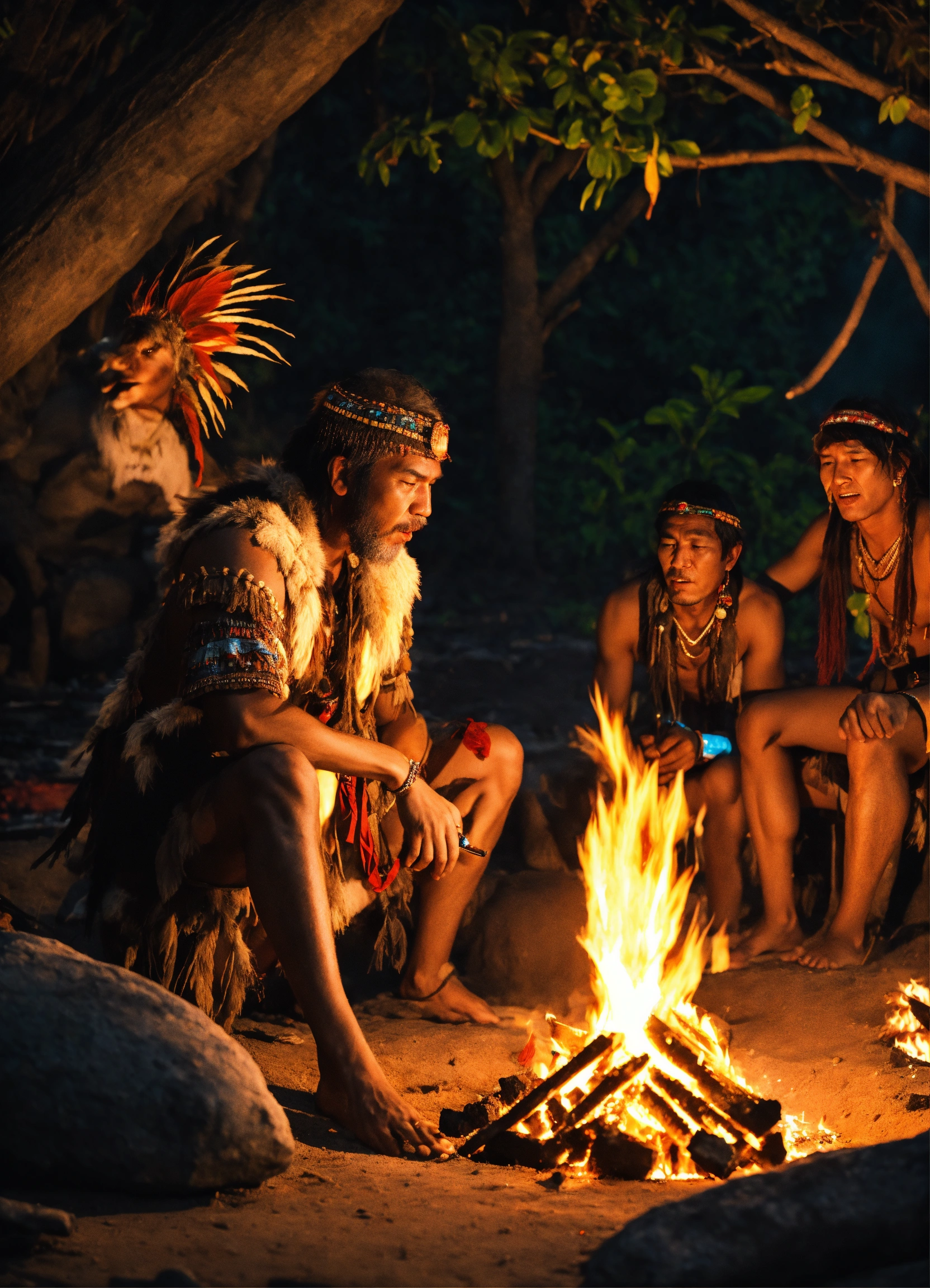 Lexica - Leader watches his prehistoric tribe eating around a fire