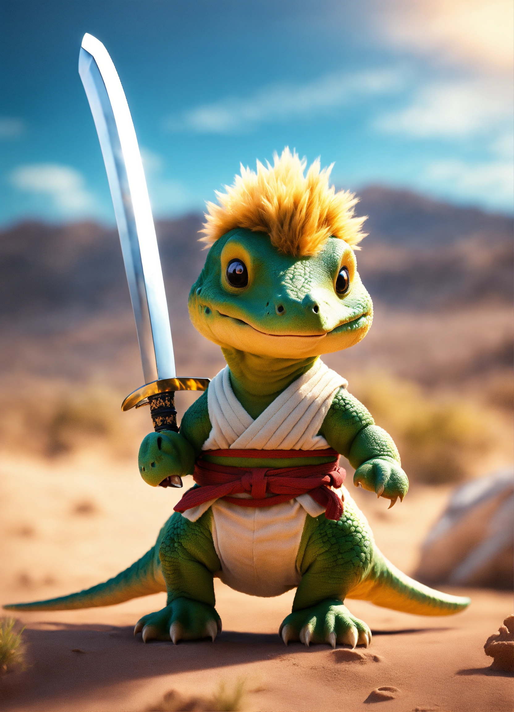 Lexica - An adorable and fluffy baby dinosaur, samurai, western, desert ...