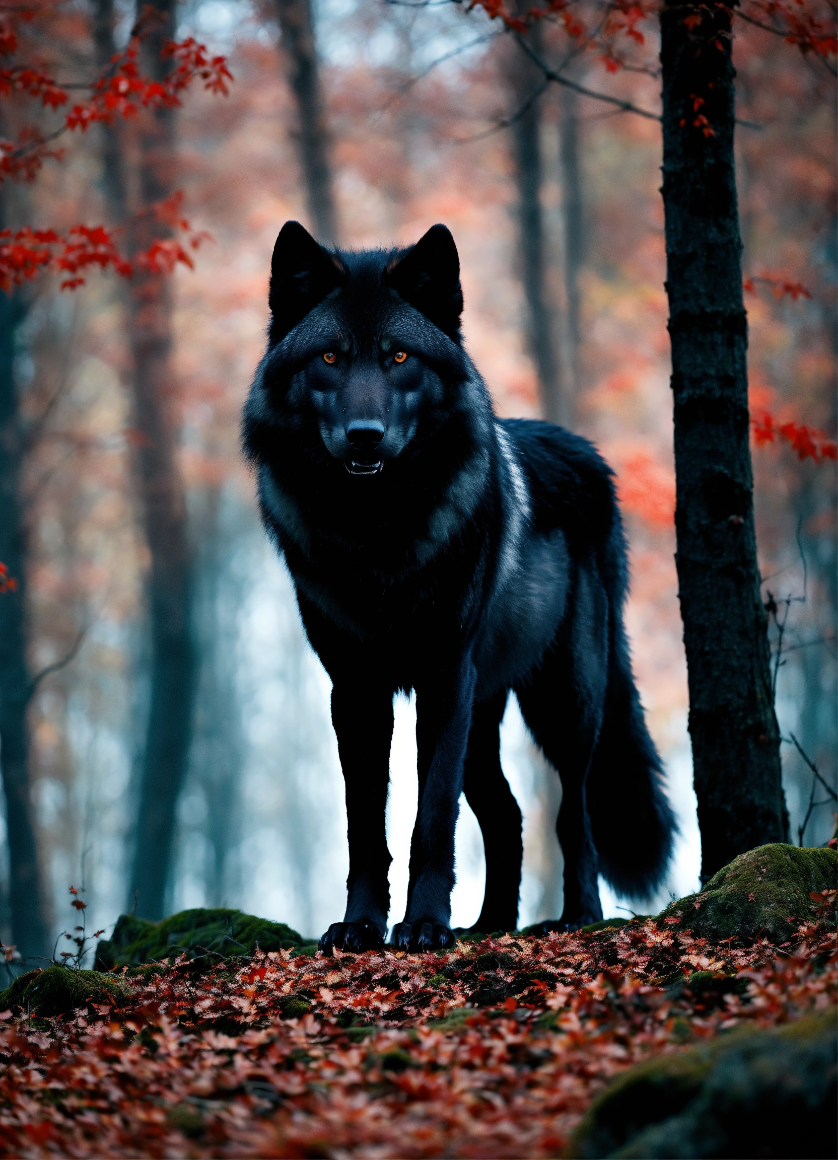 Lexica - Massive, black fur, wolf, in the woods, red eyes