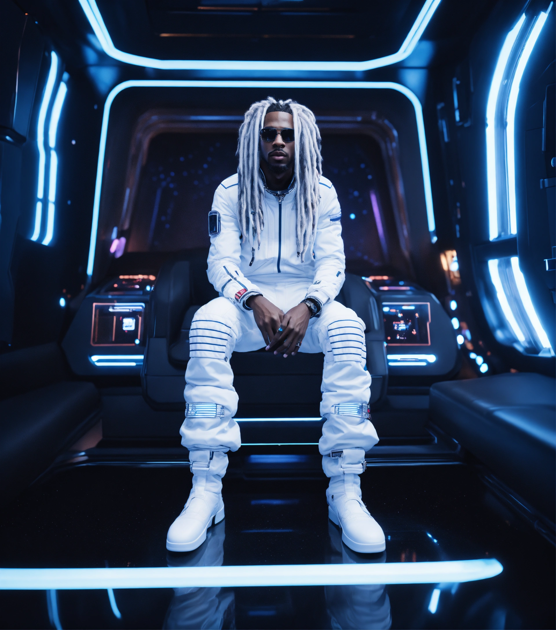 Lexica - Zoom out of a black male rockstar with bright white dreadlocks ...