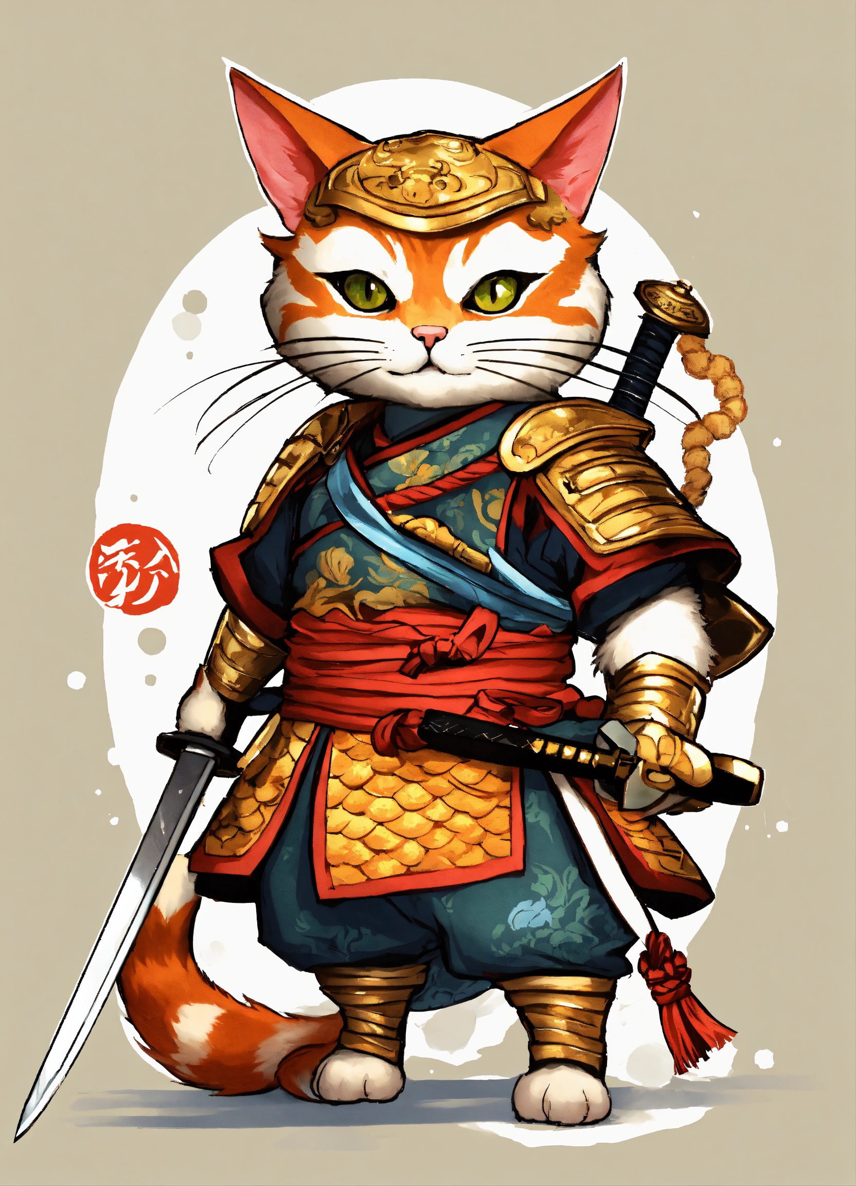 Lexica - There is a cat with a fish and a sword on a white background ...