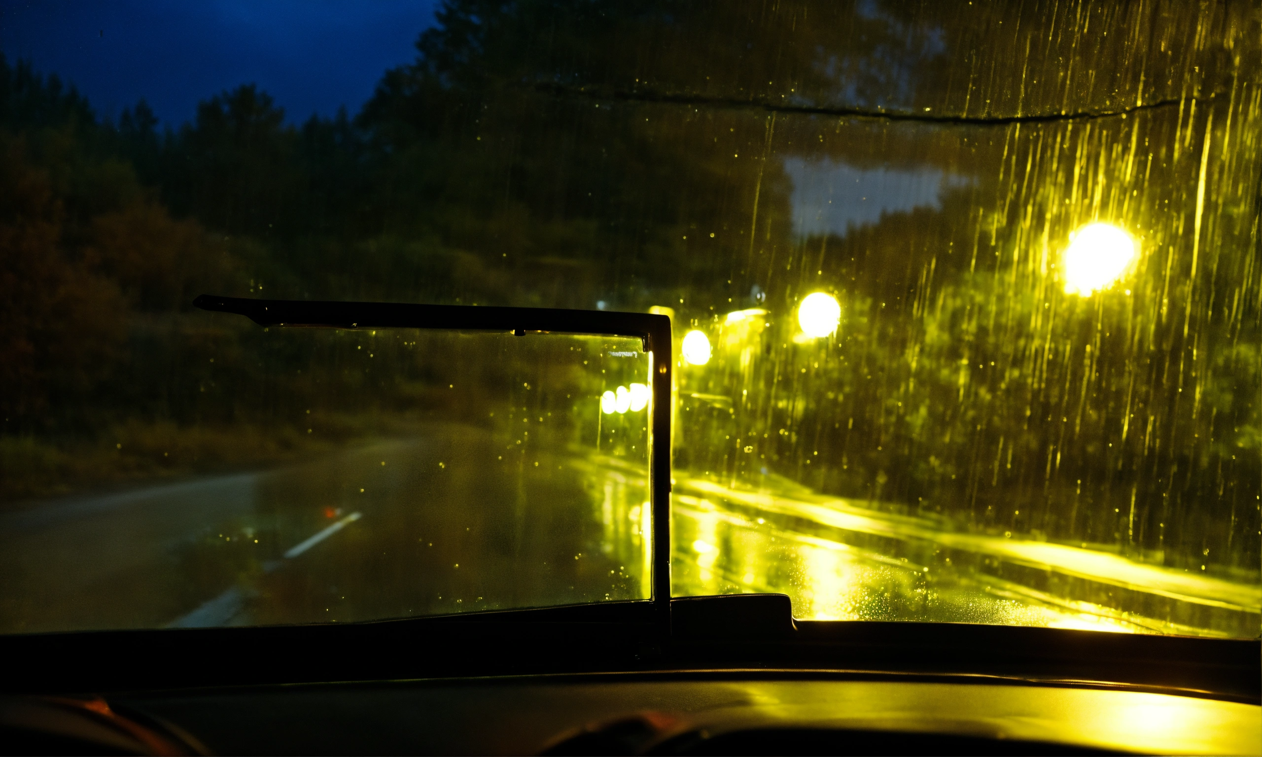 Lexica - Car rear window view, rainy glass, VW bus with high beams ...