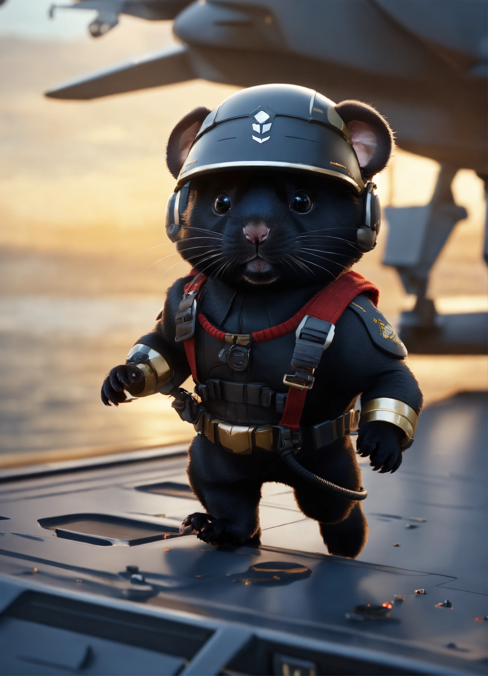 Lexica - A cute black panther hamster pilot walking on a military ...