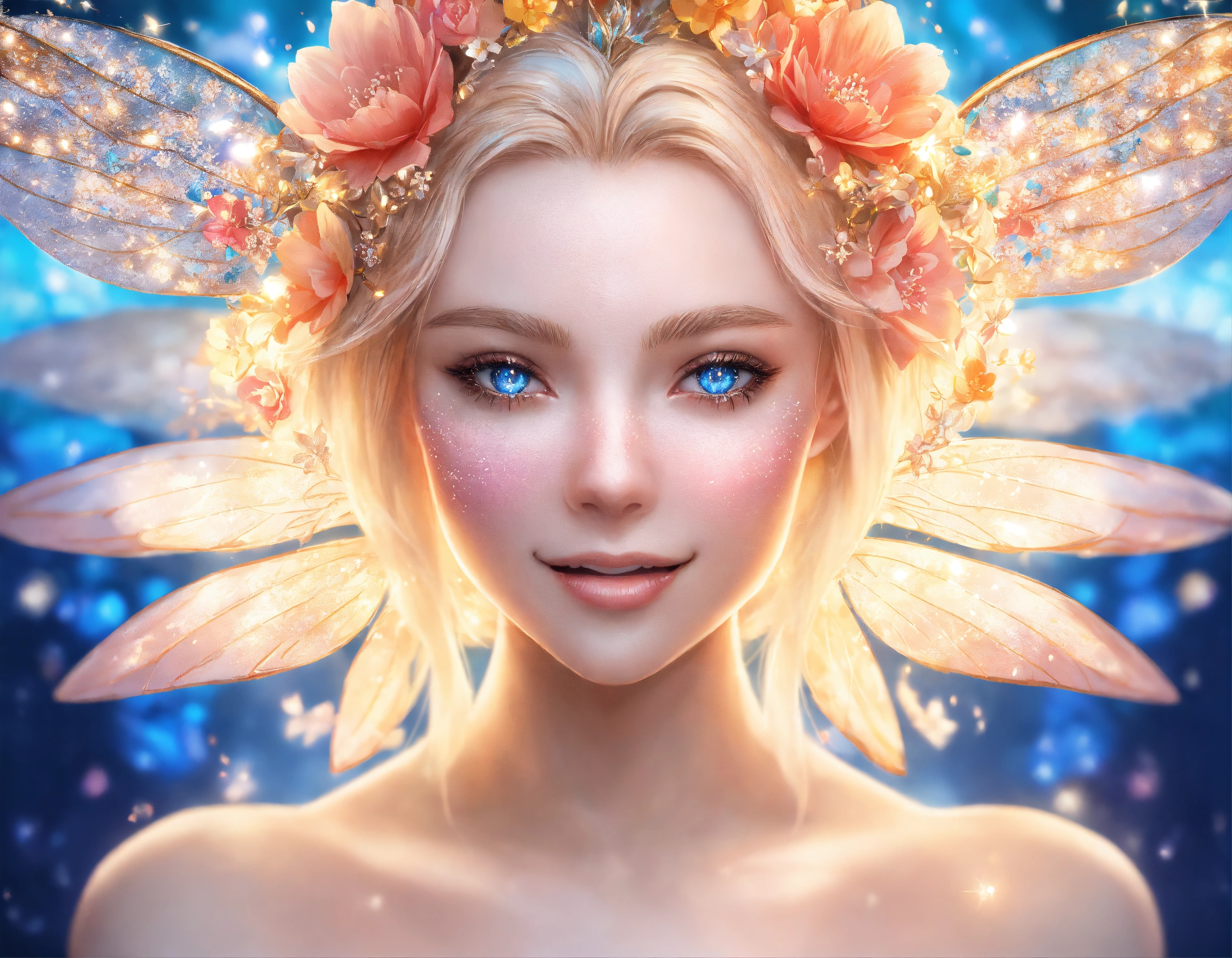 Lexica - Symmetry, beautiful floral and glitter fairy, smiling, hyper ...