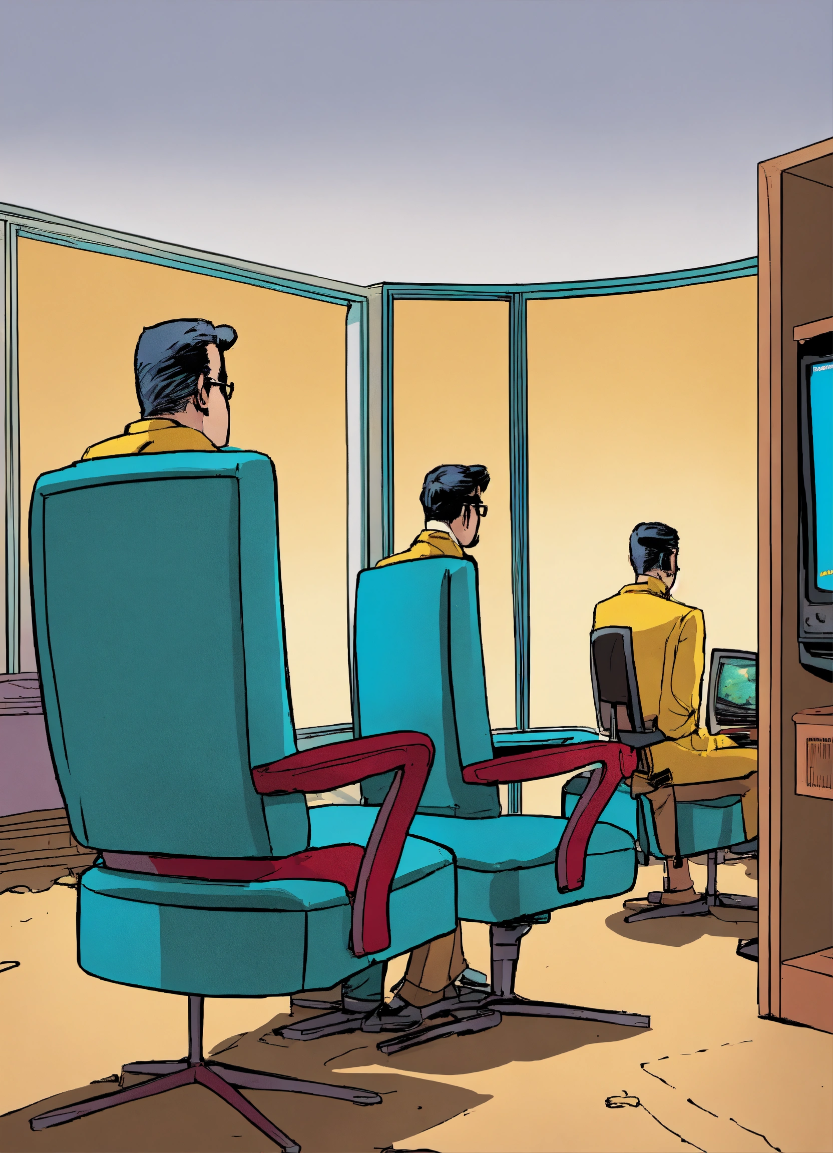 Lexica - Comic character, three chairs facing a tv