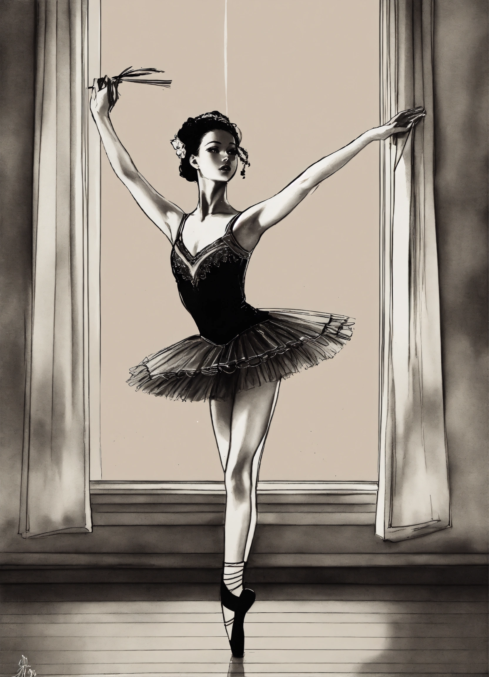 Lexica - A black and white drawing of a ballerina.