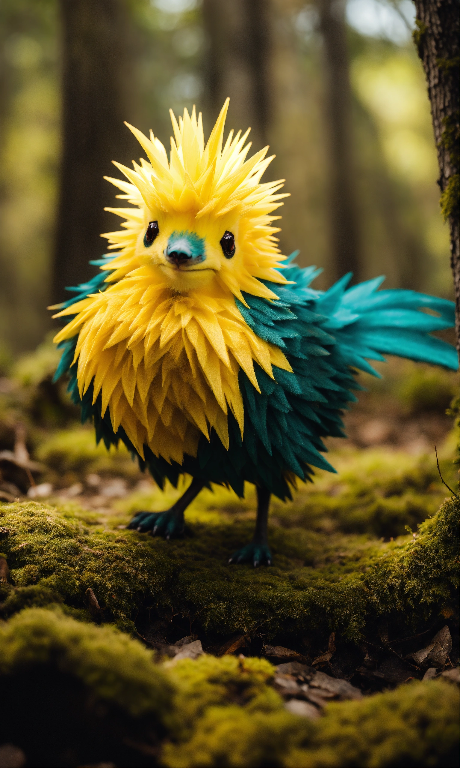 Lexica - A realistic zapdos animal among the trees, forest lake, moss ...