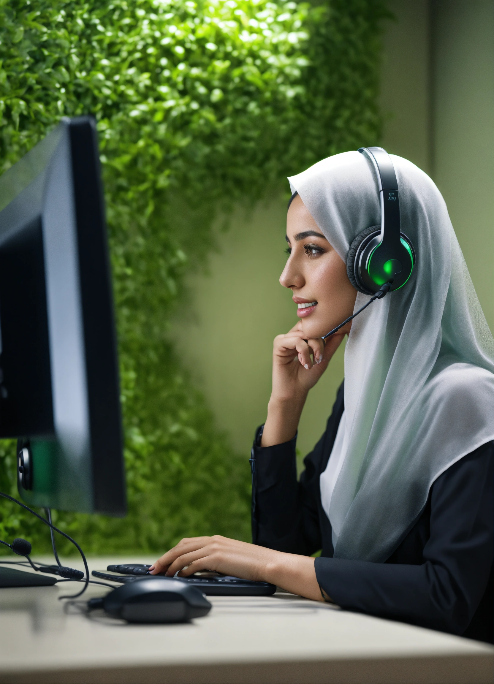 Lexica - Saudi women, in call center, head phone, veiled, green ...