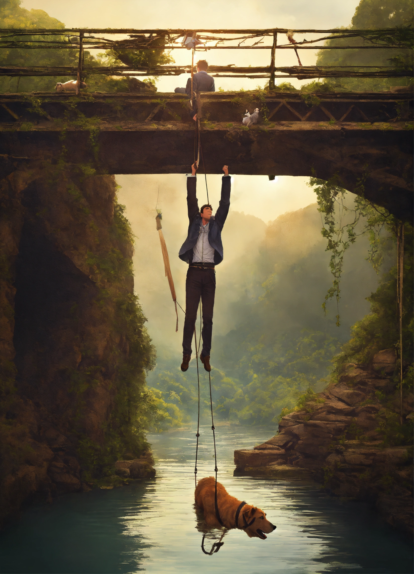 Lexica - One single man hanging from a ruined bridge, upside down, his ...