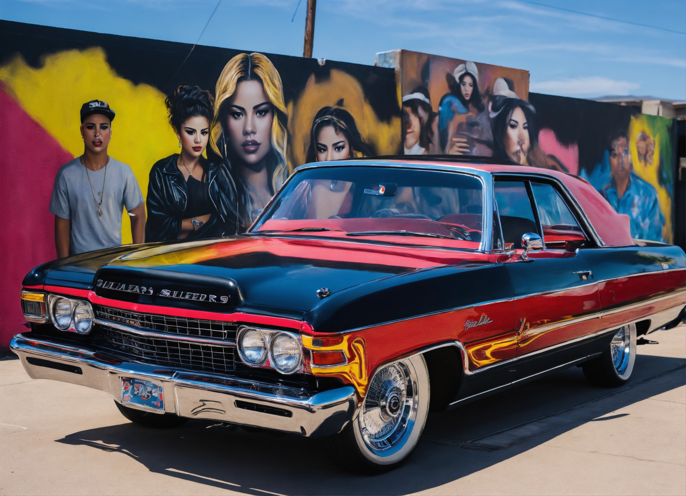 Lexica - Realistic photo of a black lowrider with a paint job of Selena ...