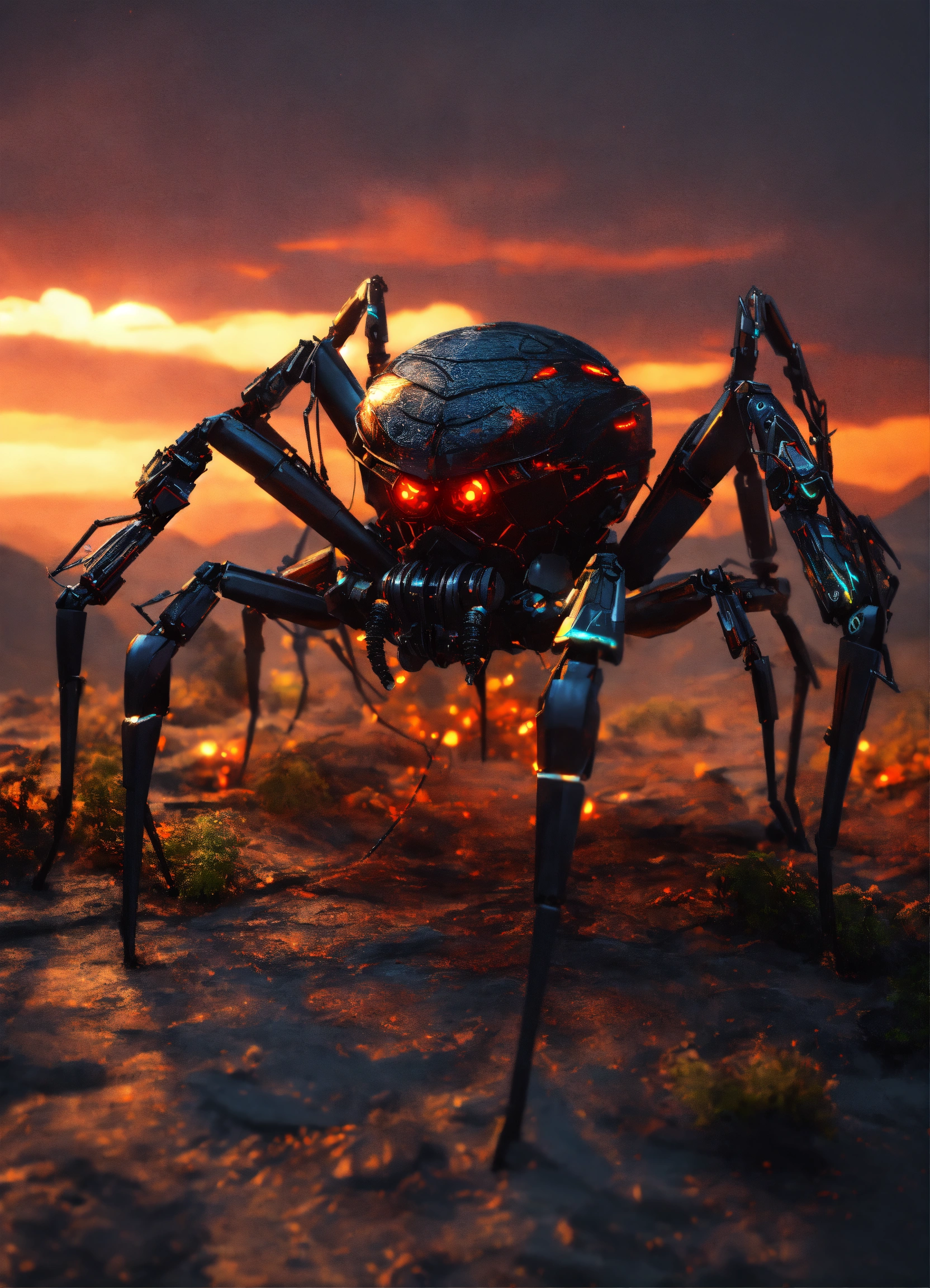 Lexica - Gigantic black armored robotic spider with red glowing eyes ...