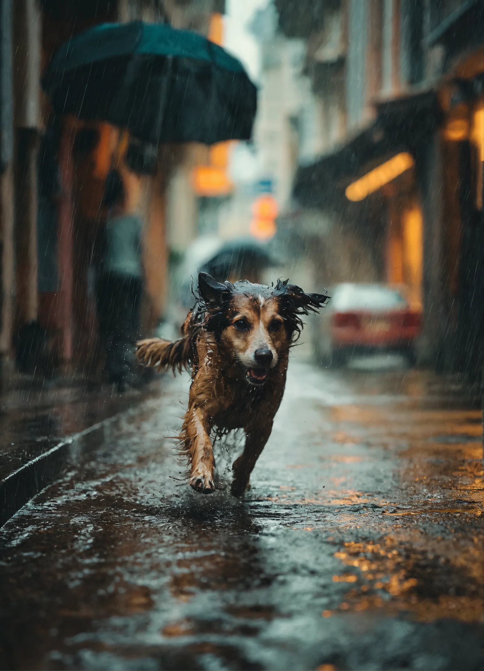 Lexica - A dog running in the street during heavy rain