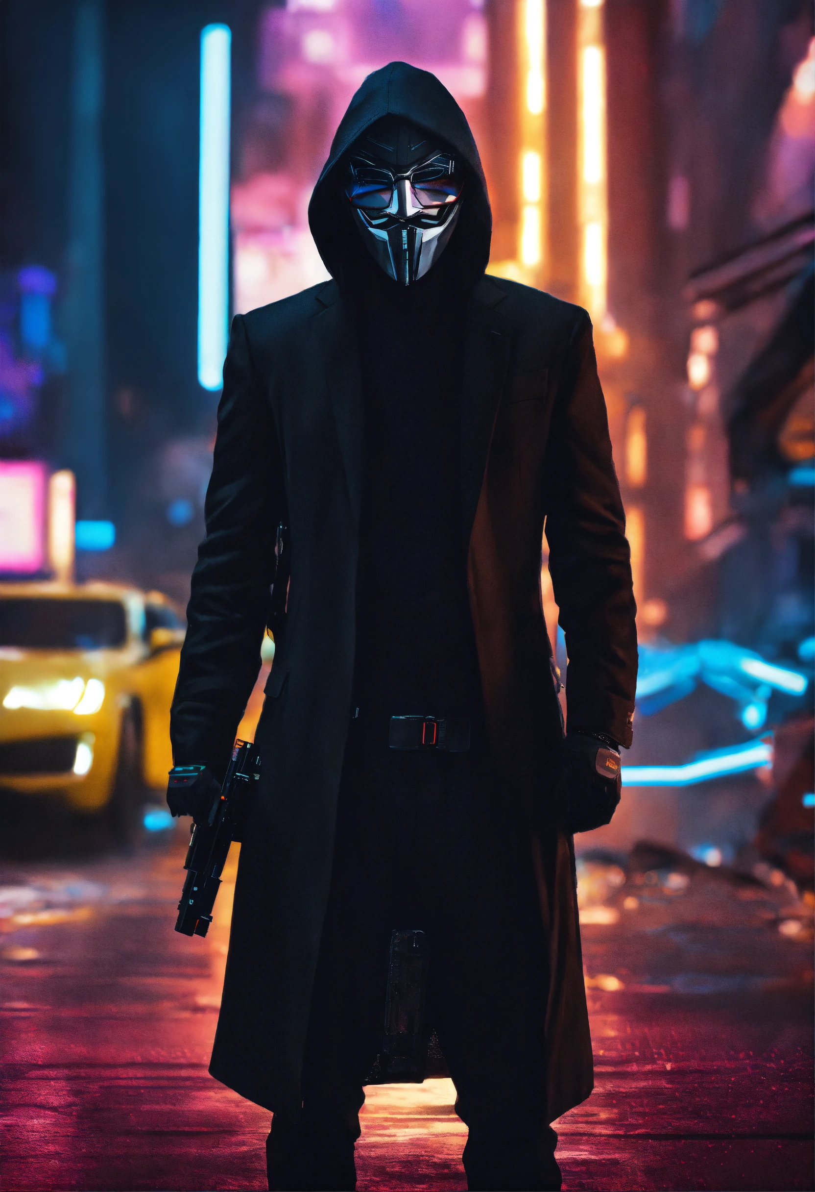 Lexica - Anonymous, Cyberpunk Hacker, Wearing Black Suit, Cinematic, 4k, Zoom Out