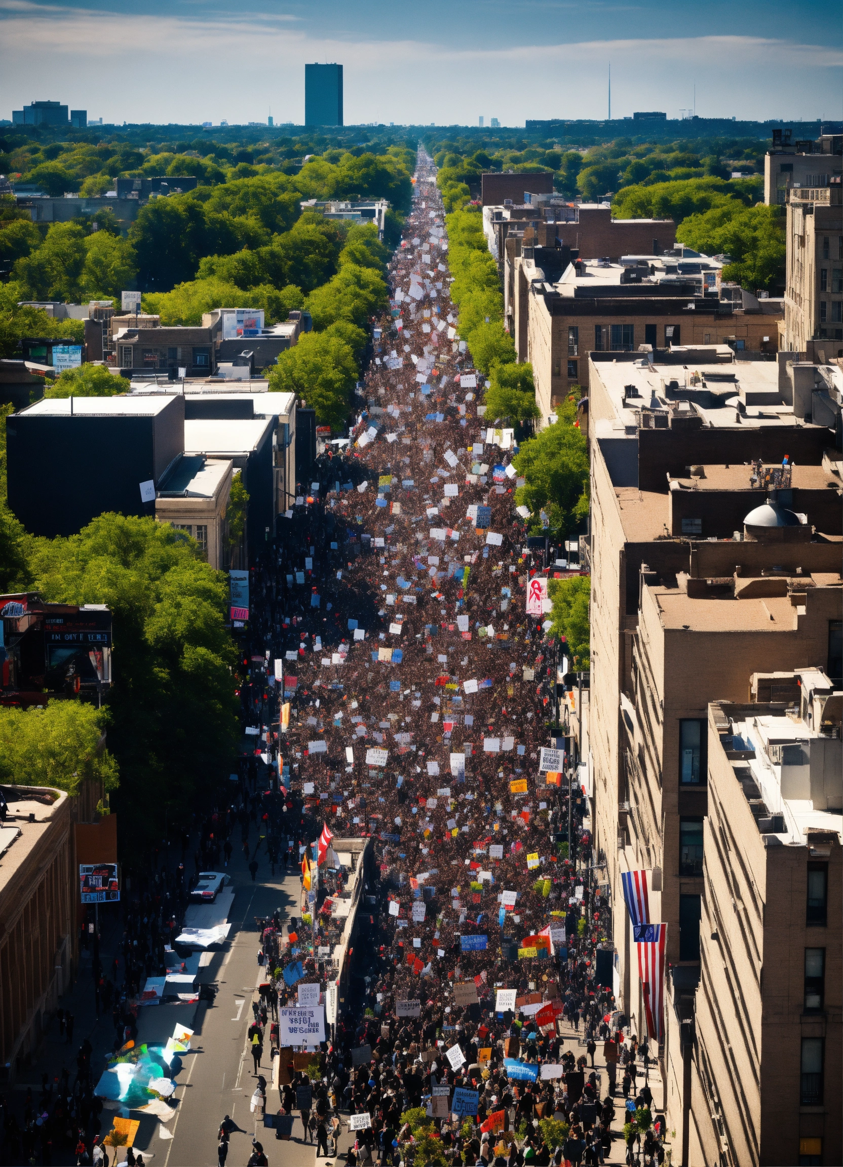 Lexica - People protesting down street, with protest signs, sky view.