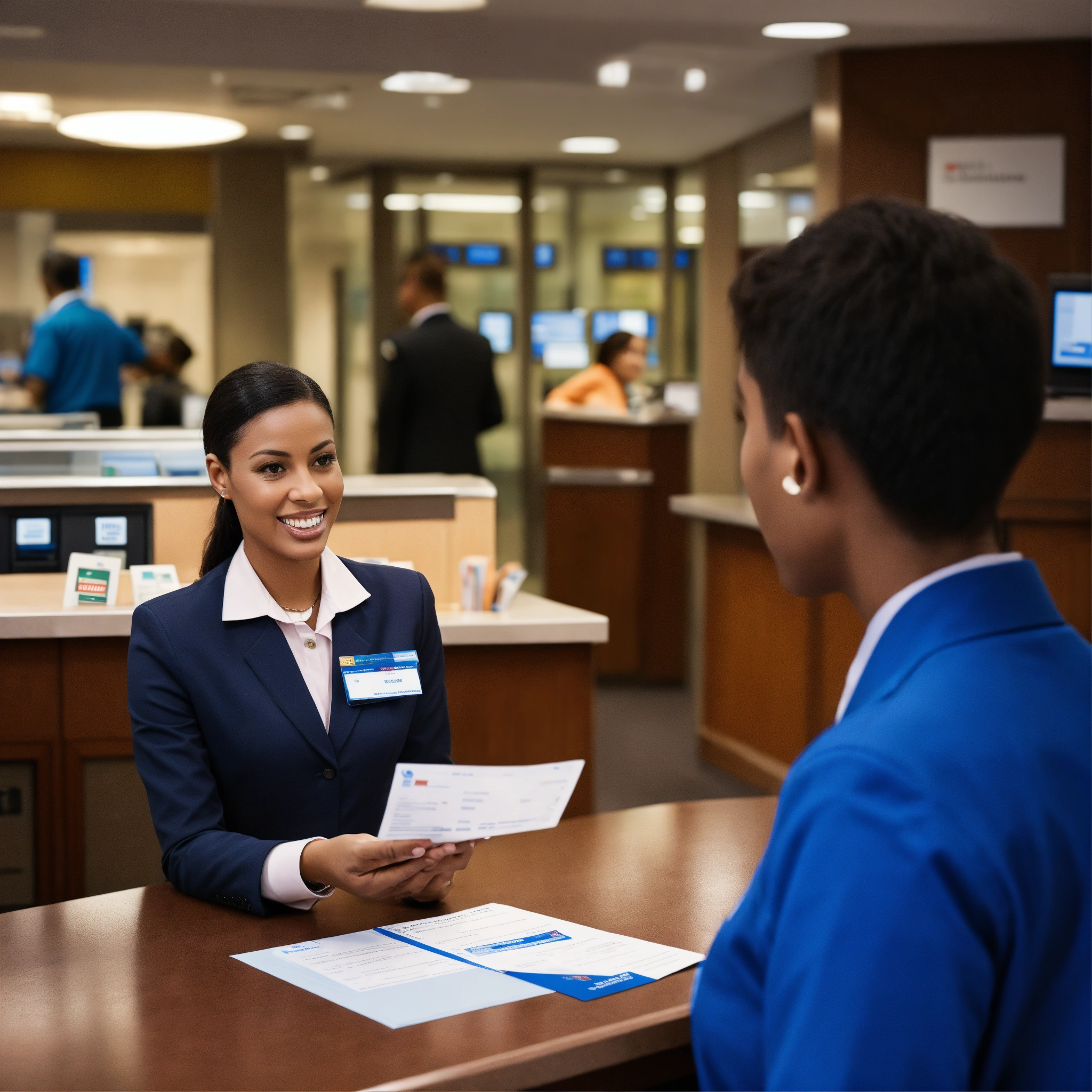 Lexica - A photo of a bank teller talking to a customer. The bank ...