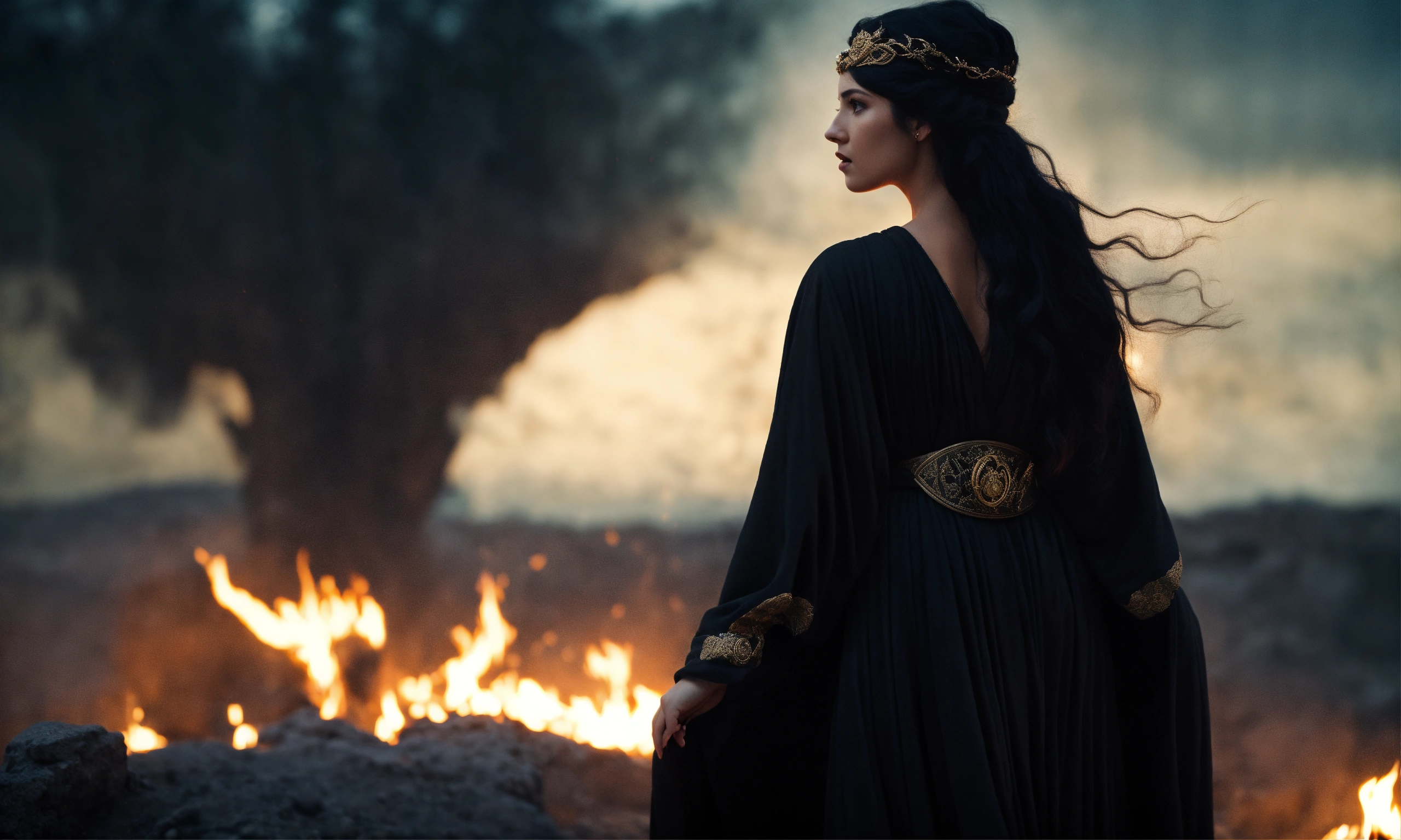 Lexica - Cinematic, greek goddess Hecate, black hair, flowing black ...