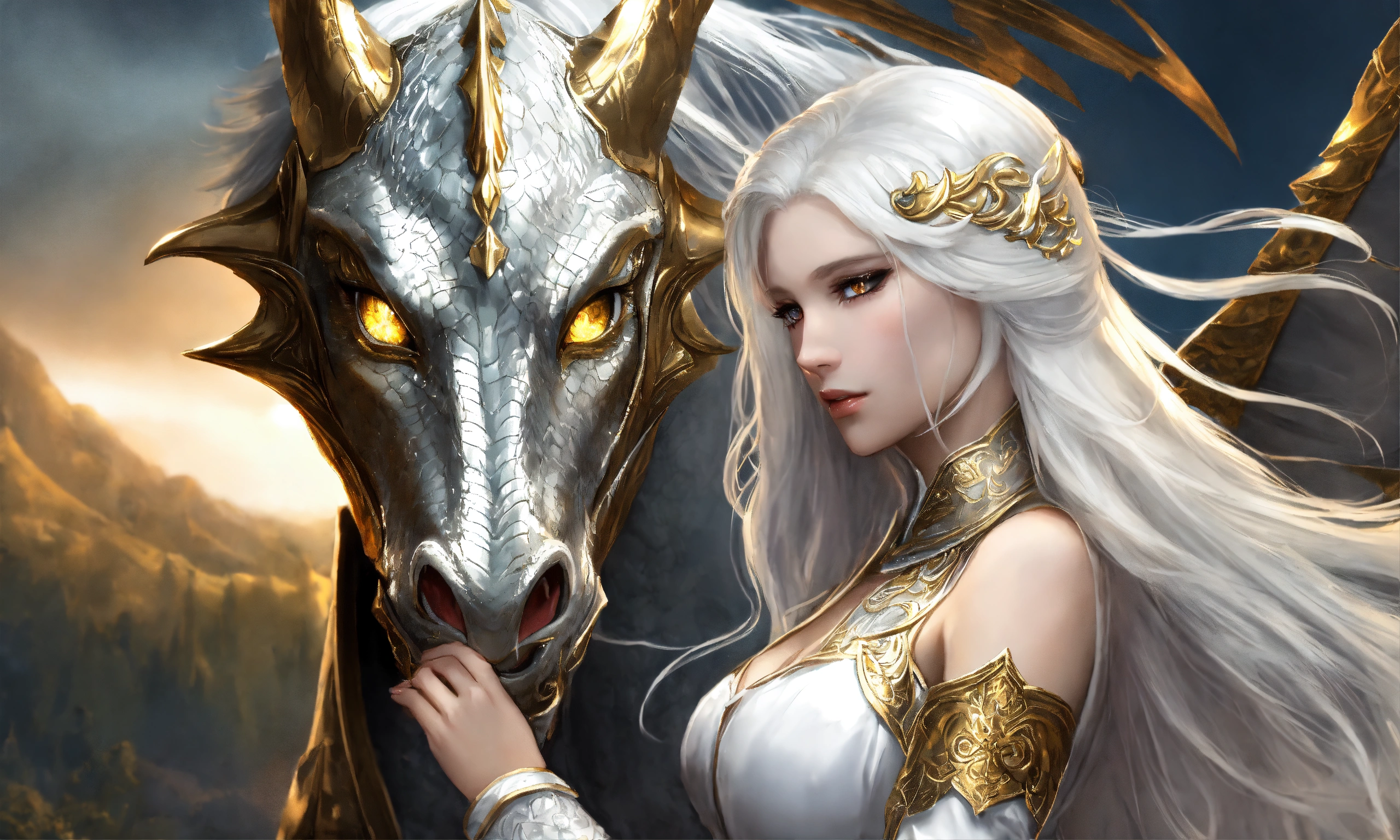 Lexica - Beautiful white female dragon maiden with golden eyes and long ...