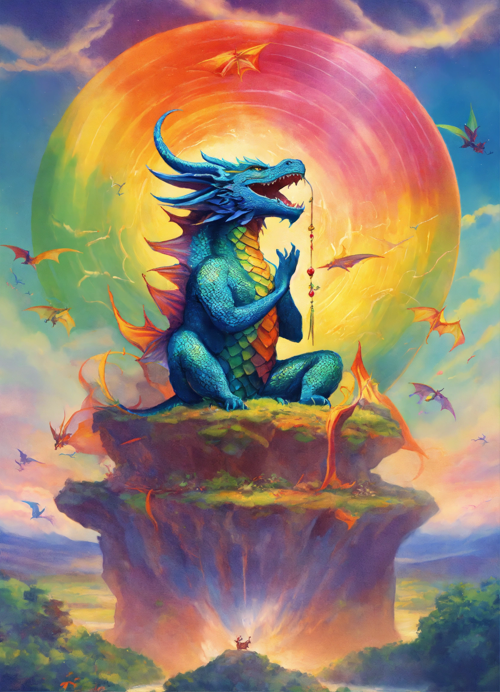 Lexica - Illustration of a dragon Meditating, spirits flying around rainbow