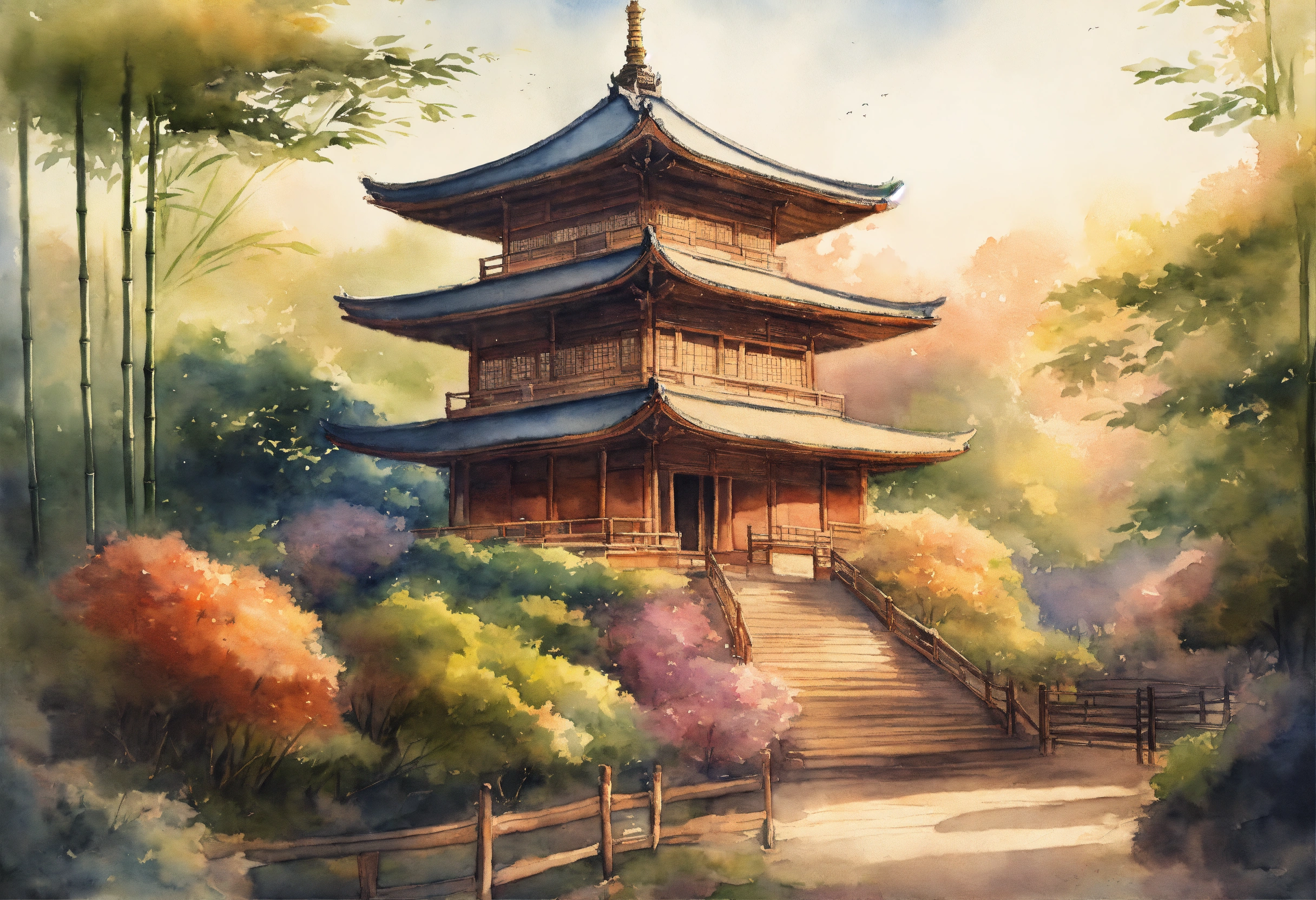 Lexica - Watercolour painting, pagoda, pastel colours, warm light ...