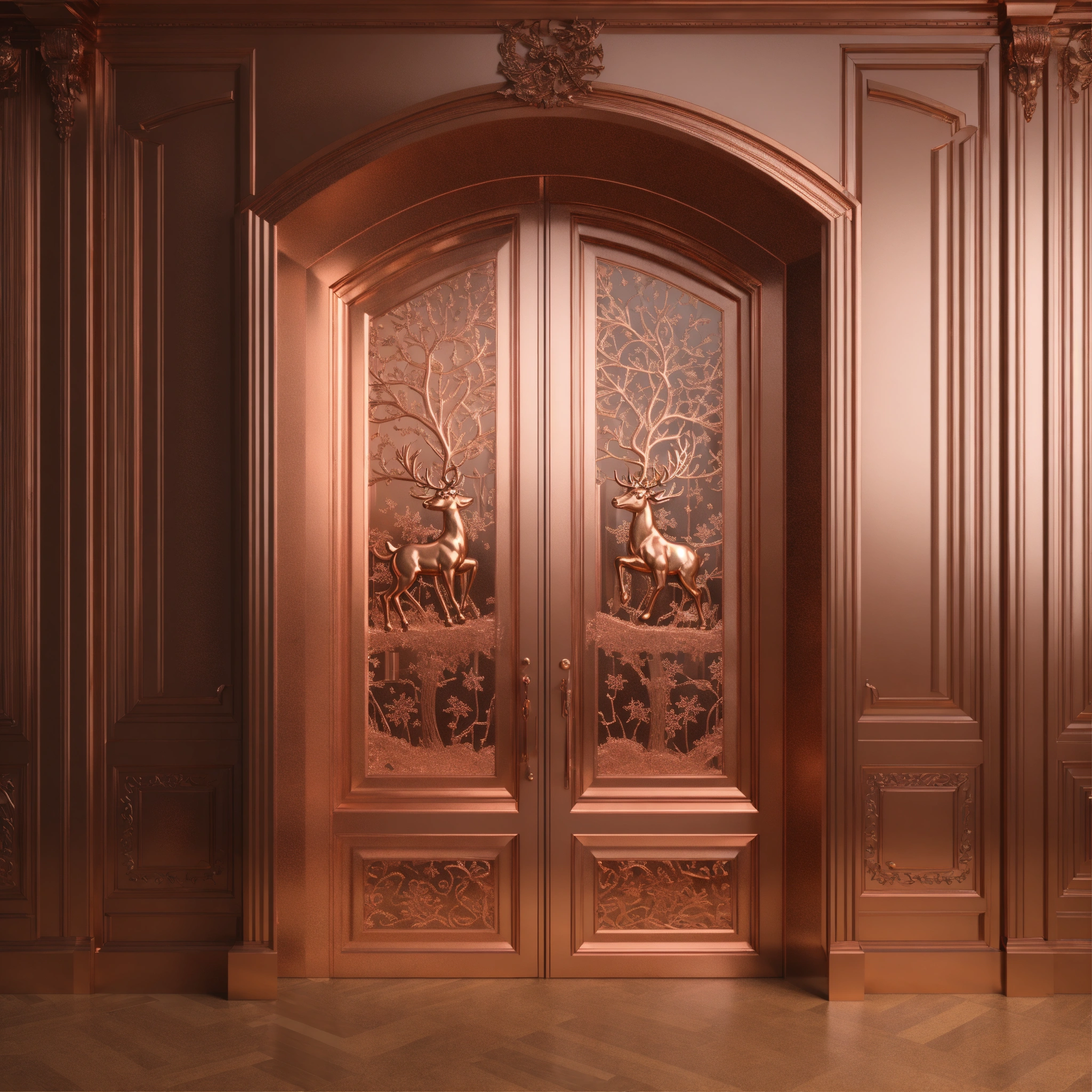 Lexica - 3D double doors engraved copper reindeer and hyper realistic 8k