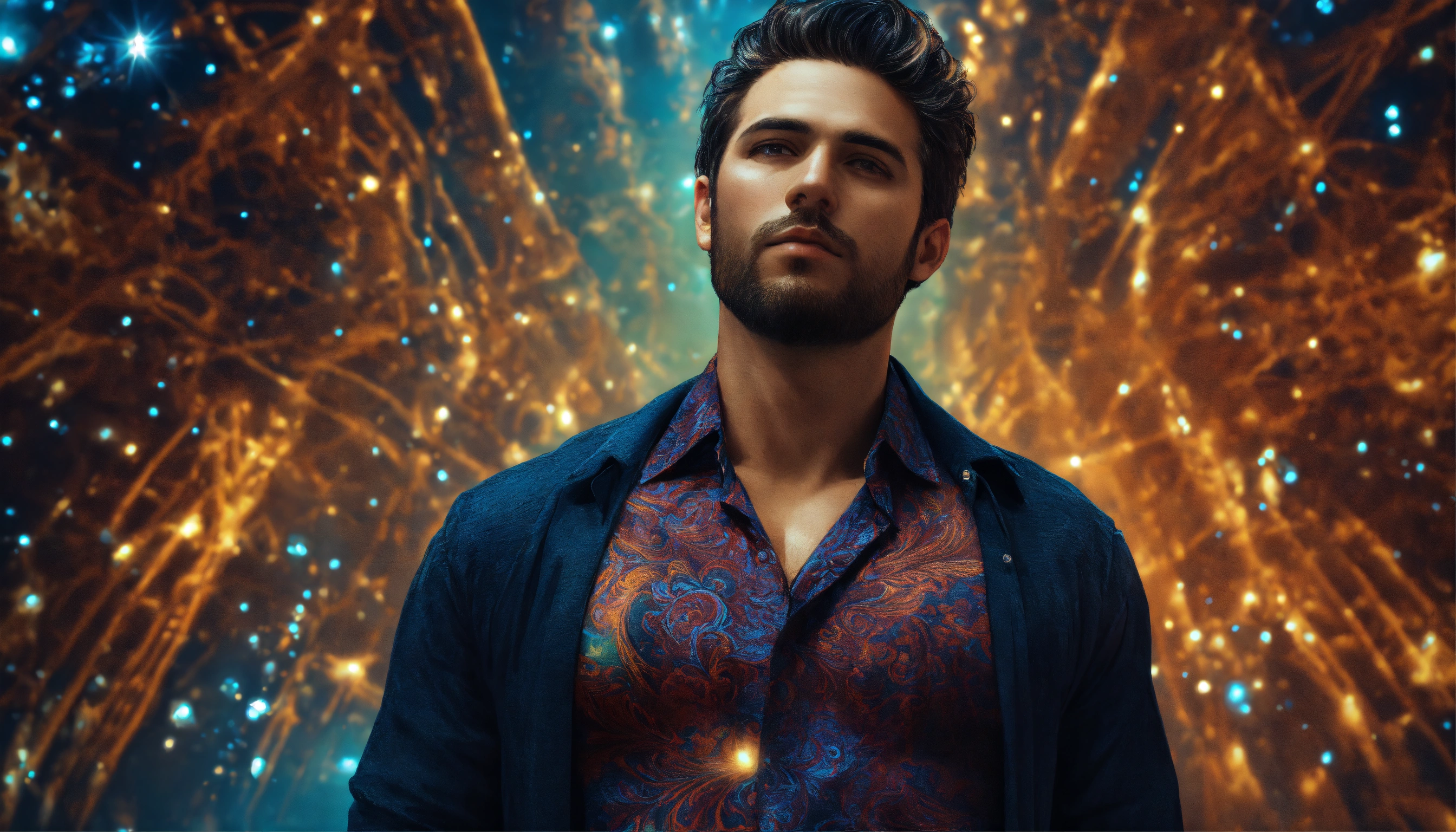 Lexica - Handsome man, looking up, shirt unbuttoned, negative patterns ...