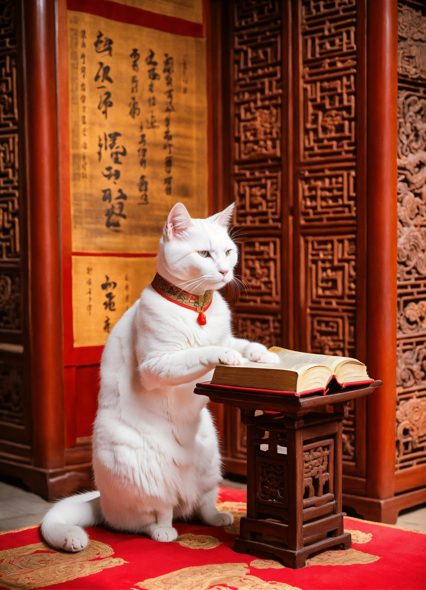 Lexica - A pure white cat in Han Dynasty attire, standing in an ancient ...