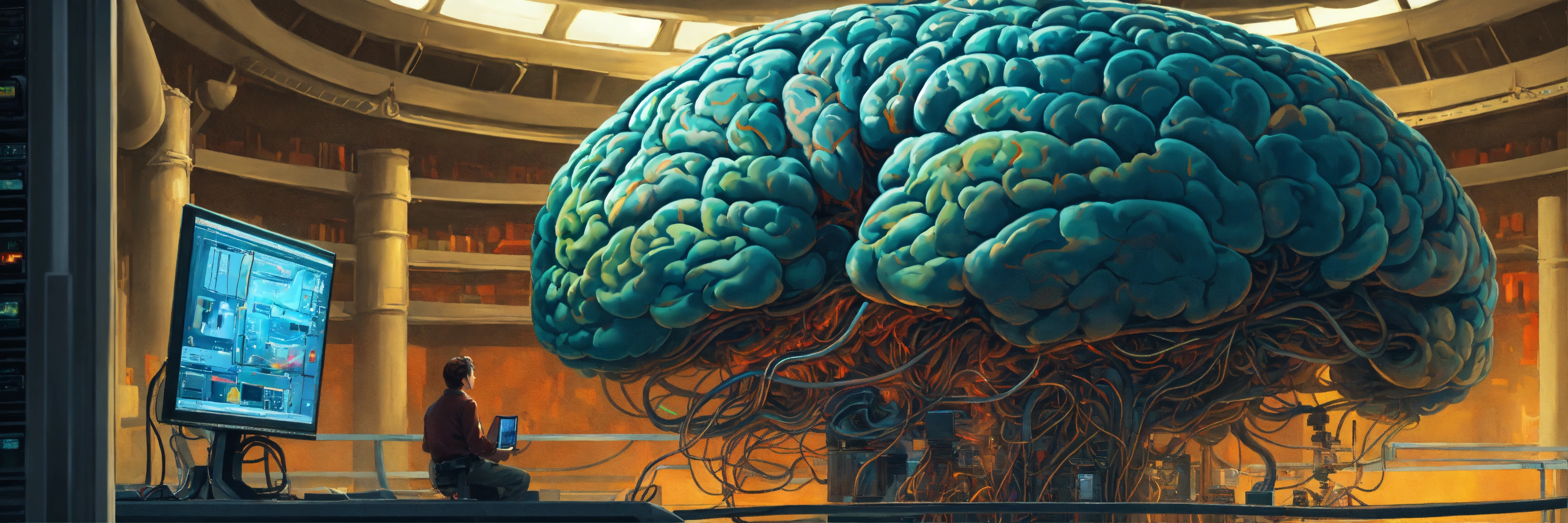Lexica - In the center of the room, a colossal human brain is ...