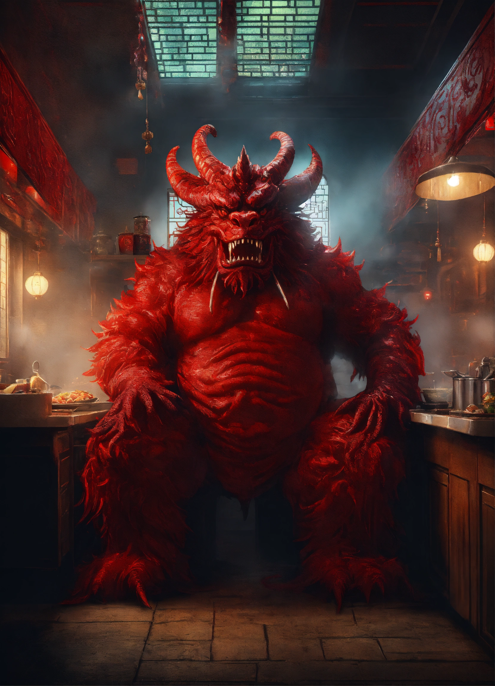 Lexica - A huge red chinese monster is sitting in front of a kitchen ...