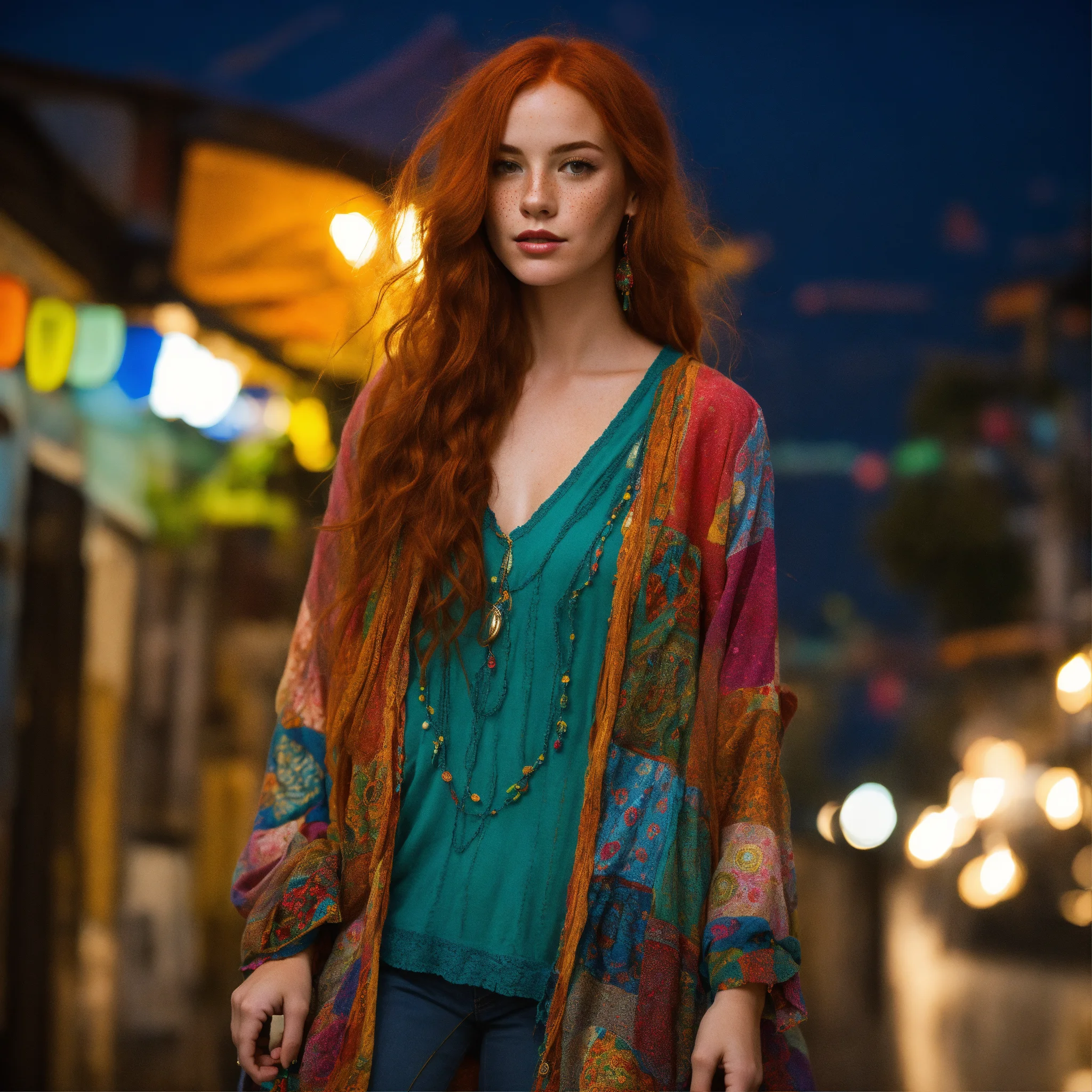 Lexica - Gorgeous redhead with freckles, wearing a colorful, vibrant ...