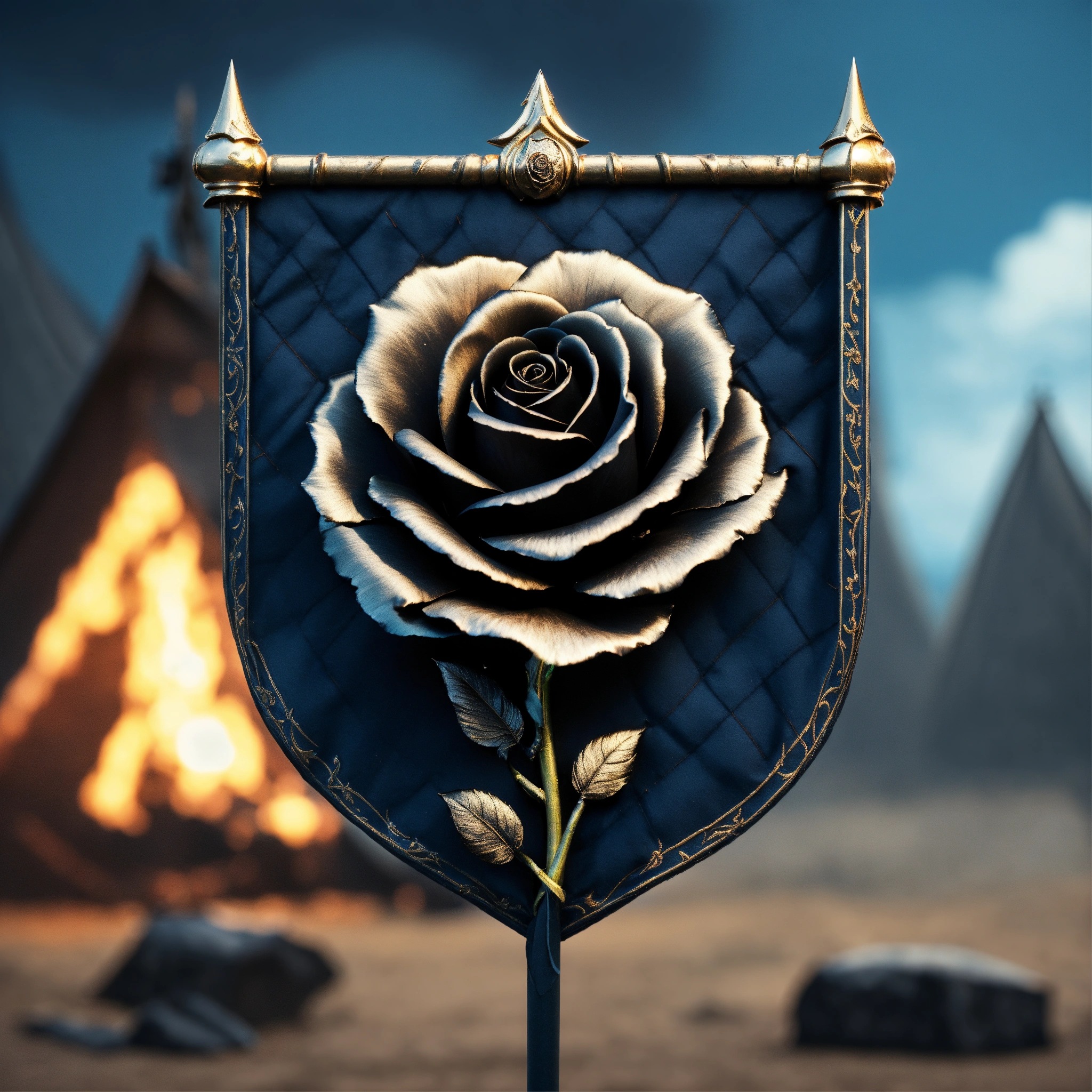 Lexica - Flag insignia of a black rose on a blue background in an ...