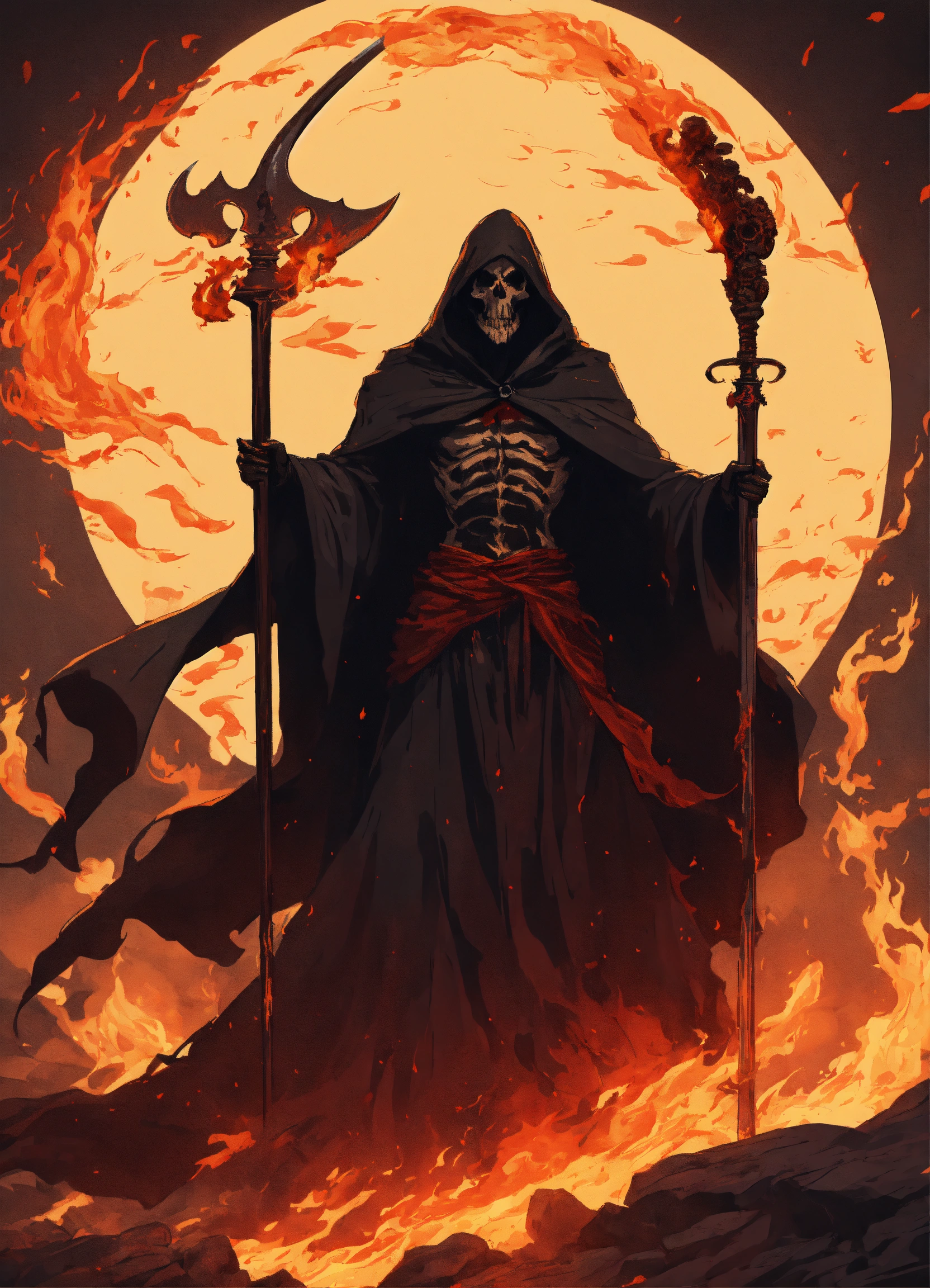 Lexica - Menacing grim reaper with flaming scythe, tattered flowing ...