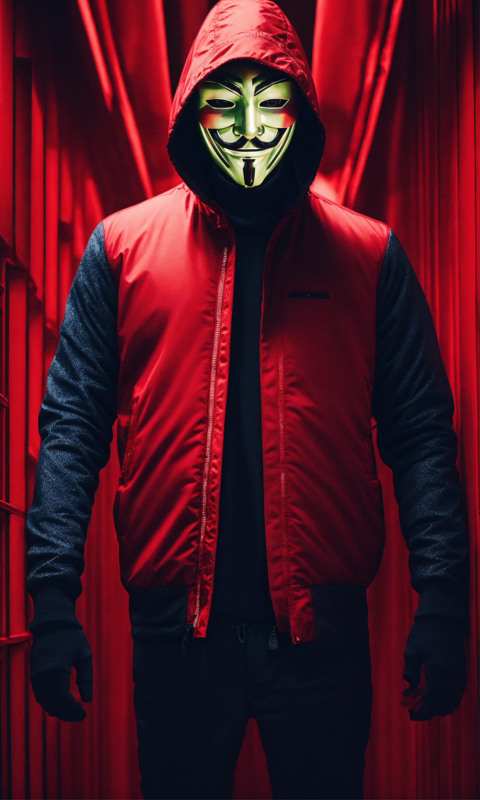 Lexica - Anonymous hacker in red jacket with hidden face with arms crossed