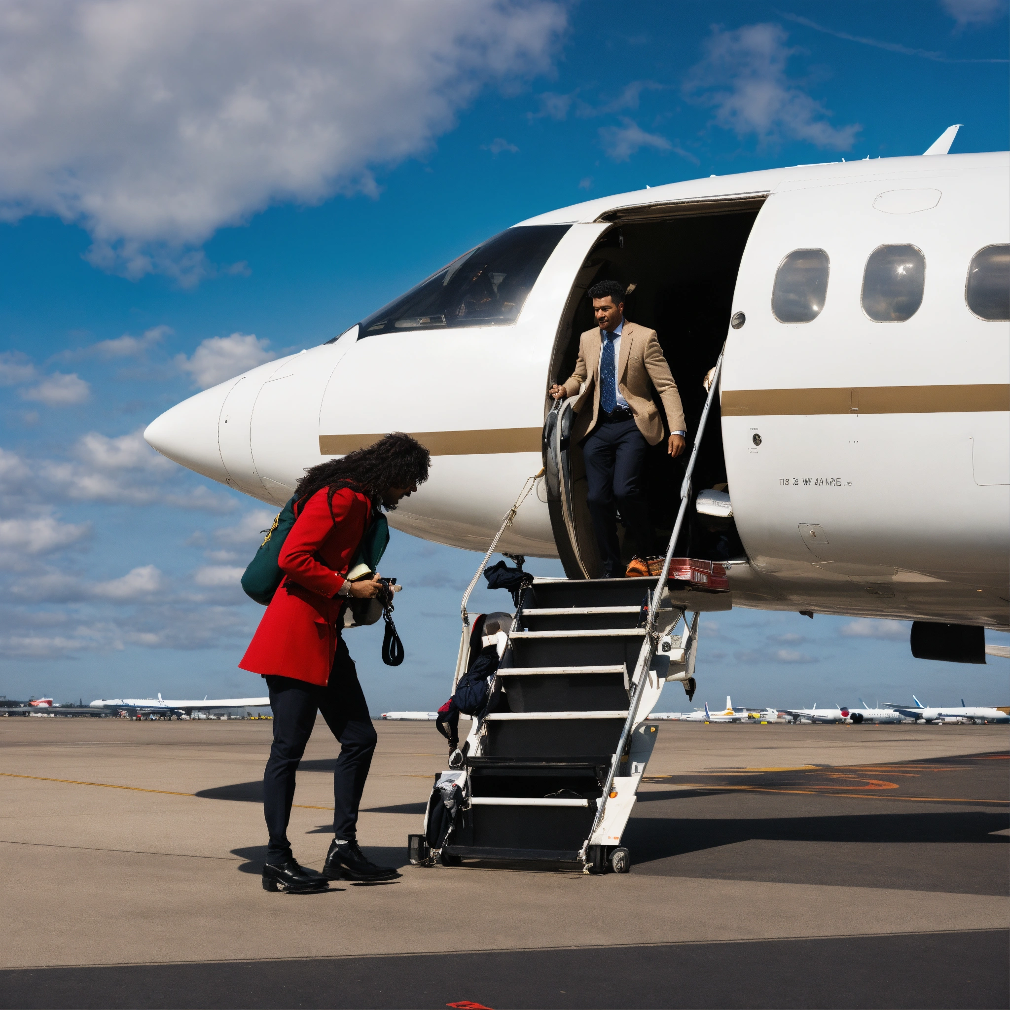 Lexica - Man getting off a plane with a woman waiting for him