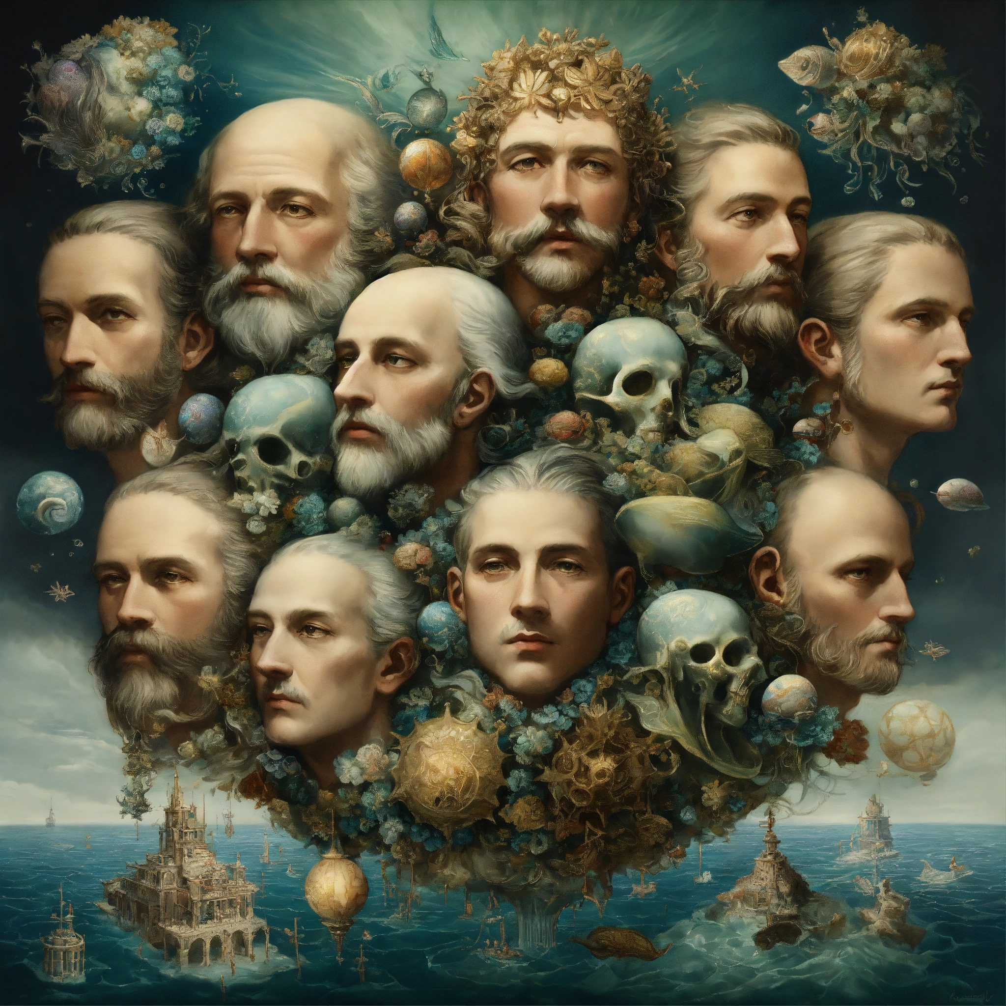 Lexica - Frontal portrait of ten human heads floating on the bottom of ...