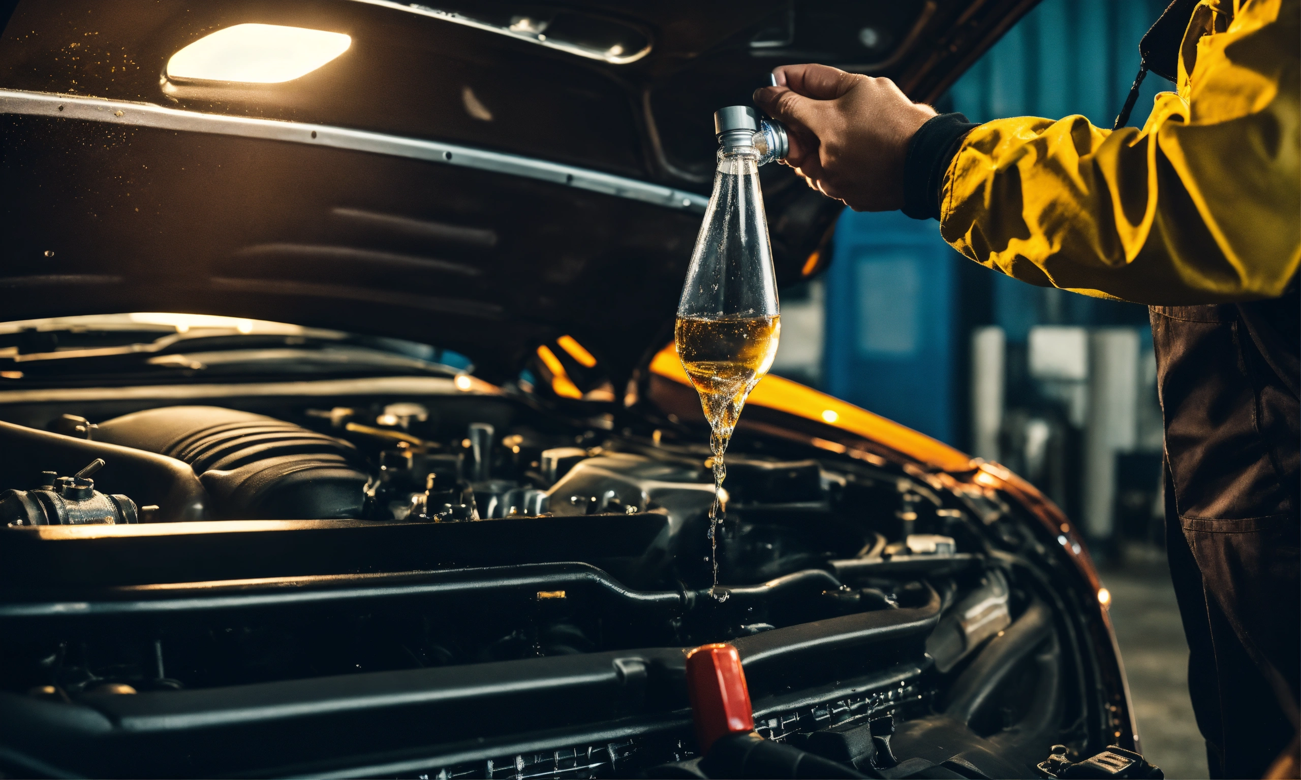 Lexica - A mechanic pouring liquid into a car engine, captured in a ...