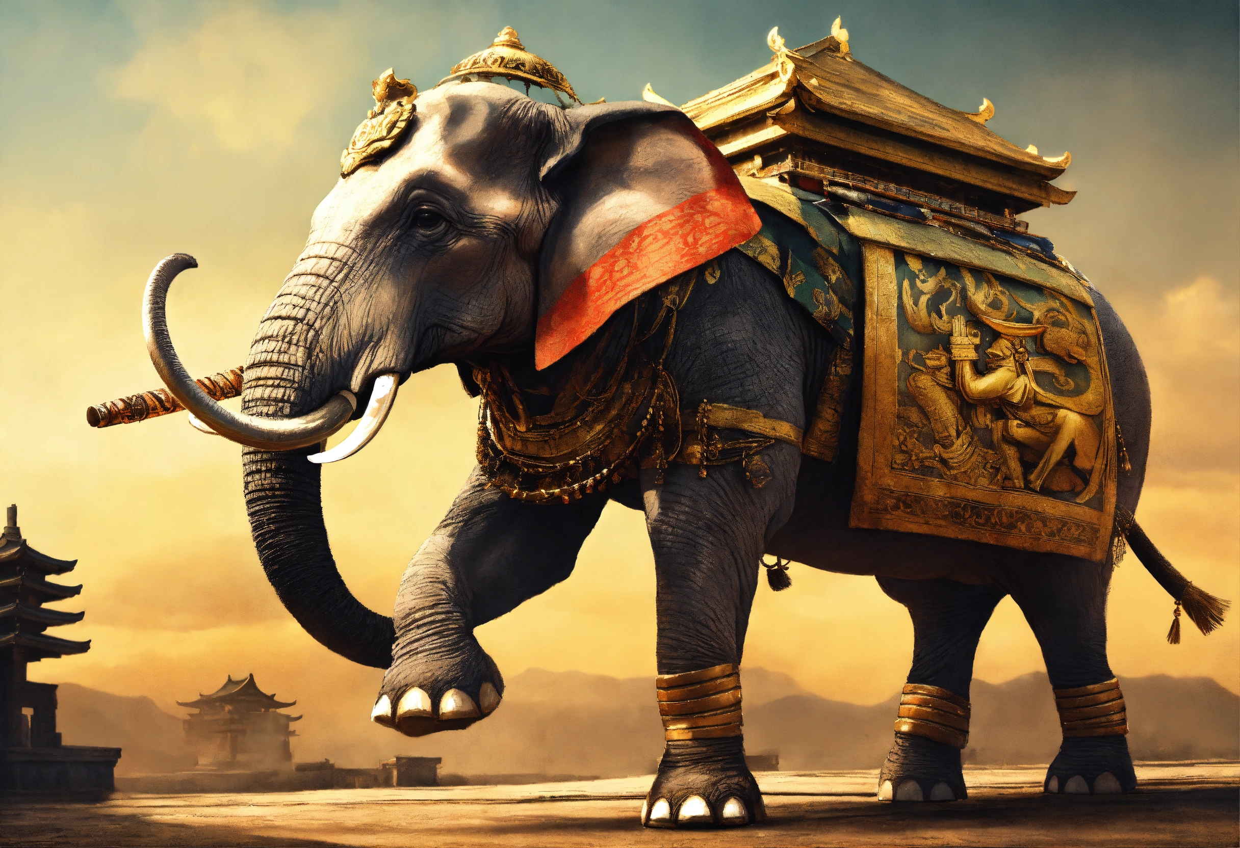 Lexica - Elephant samurai with arms. Ancient temple. Hyper realistic.