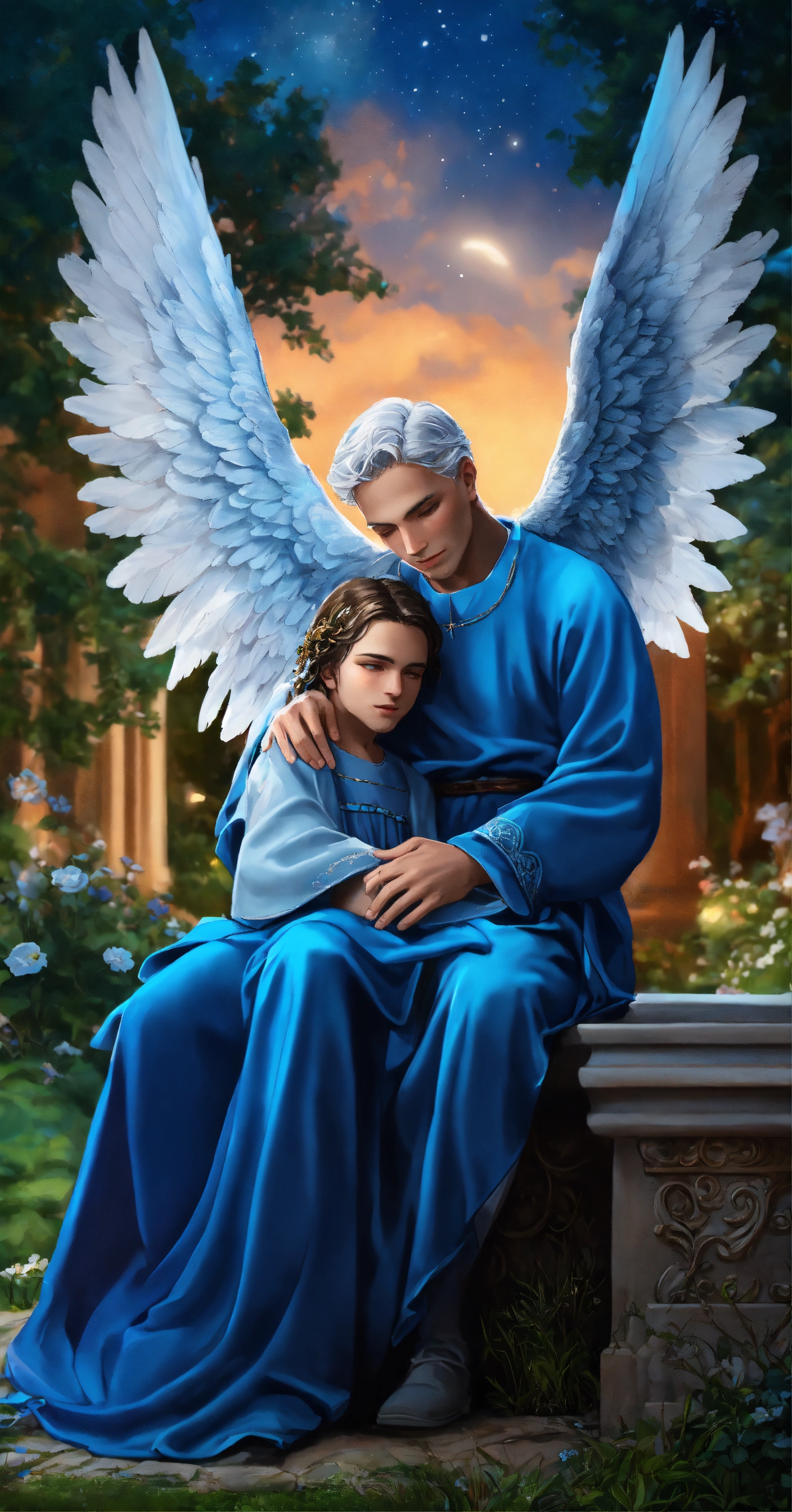 Lexica - 2 male guardian angels with detailed and luminous blue angel wings. 1 30-year-old male ...