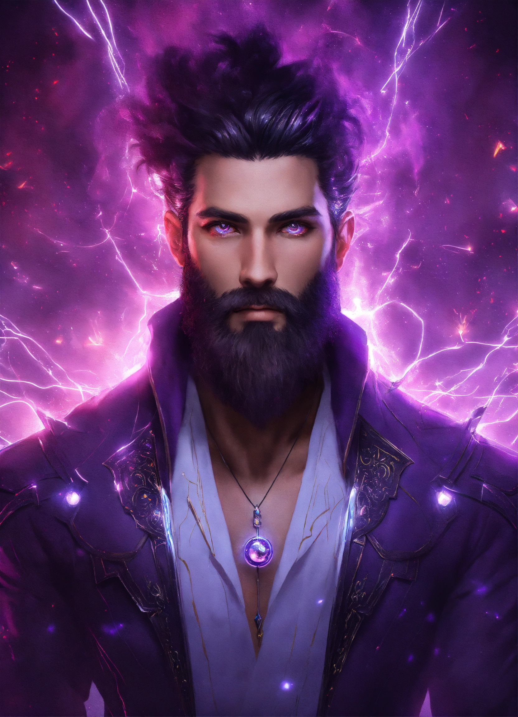 Lexica - "magical trickster god", purple energy bolts, purple sparkles ...