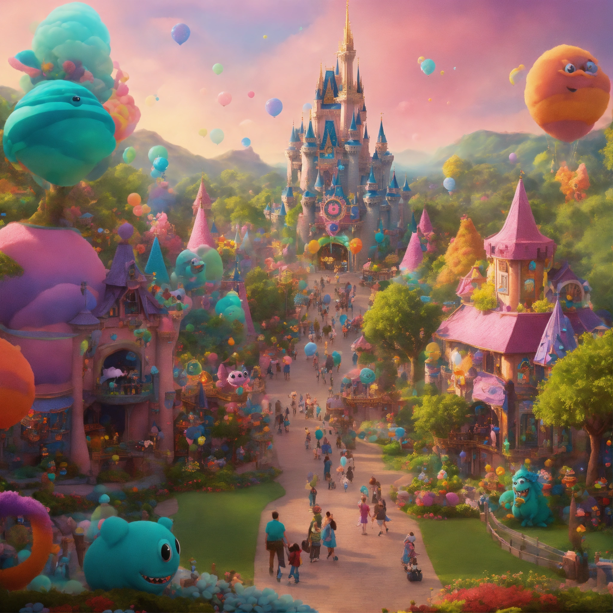 Lexica - Magic kingdom of cute monsters, zoomed out view, vibrant ...