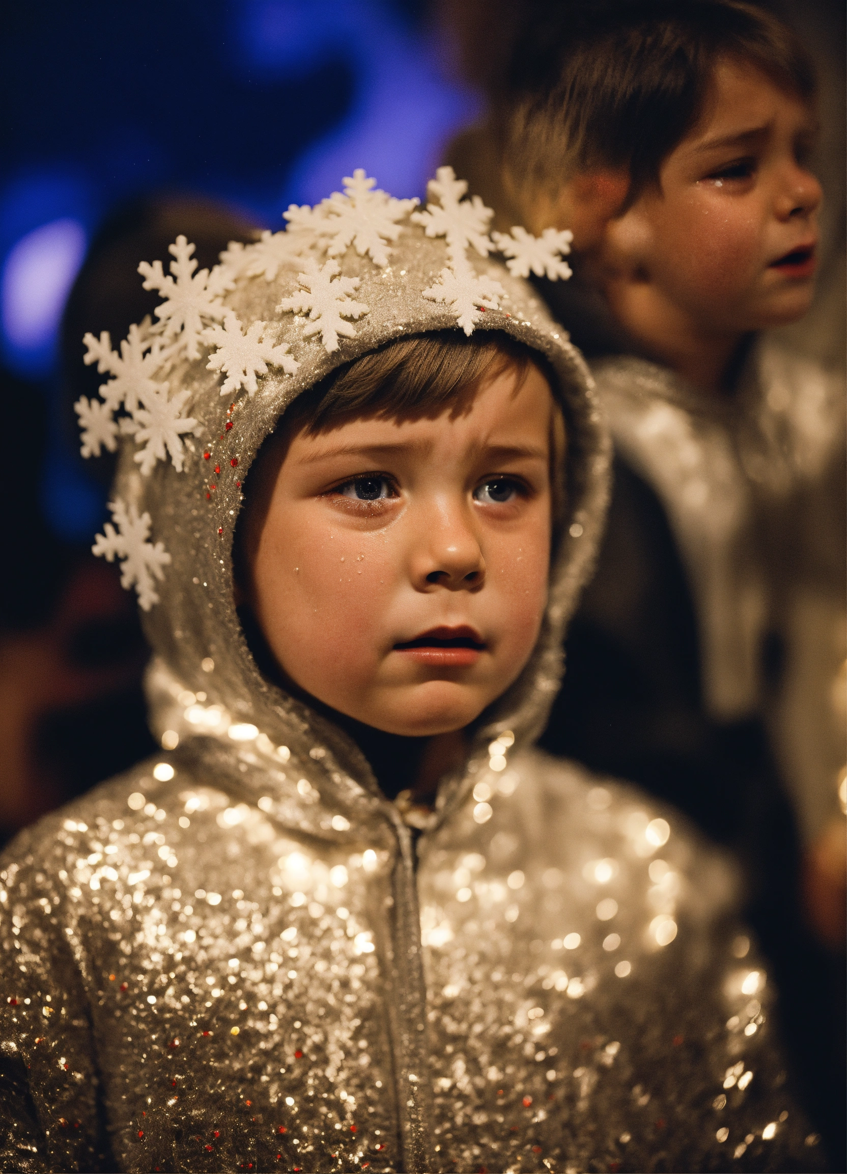 Lexica - British boys, aged 7, wearing snowflake costumes, they are crying