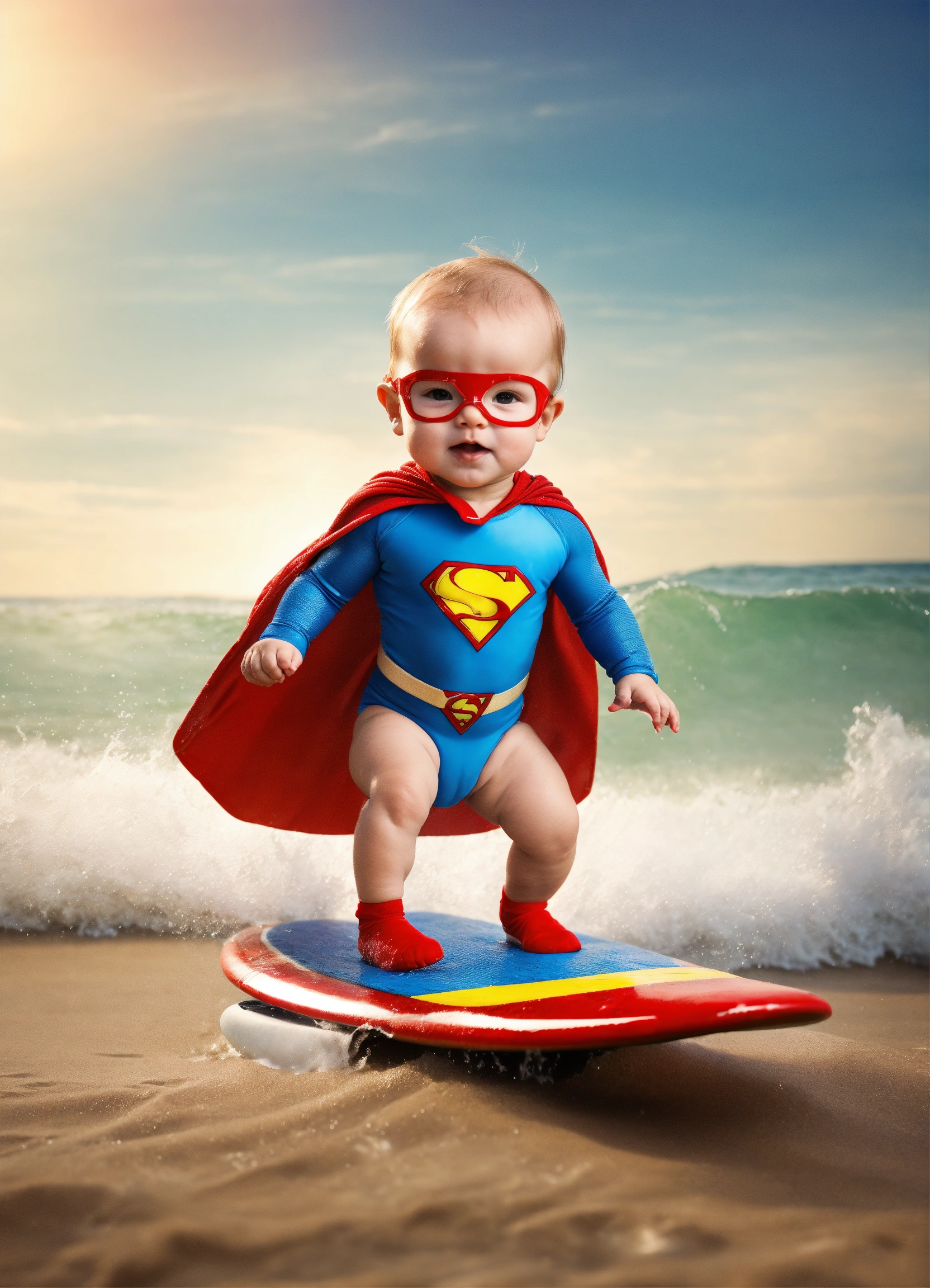 Lexica - Superhero super baby surfing on beach realistic clear focus camera