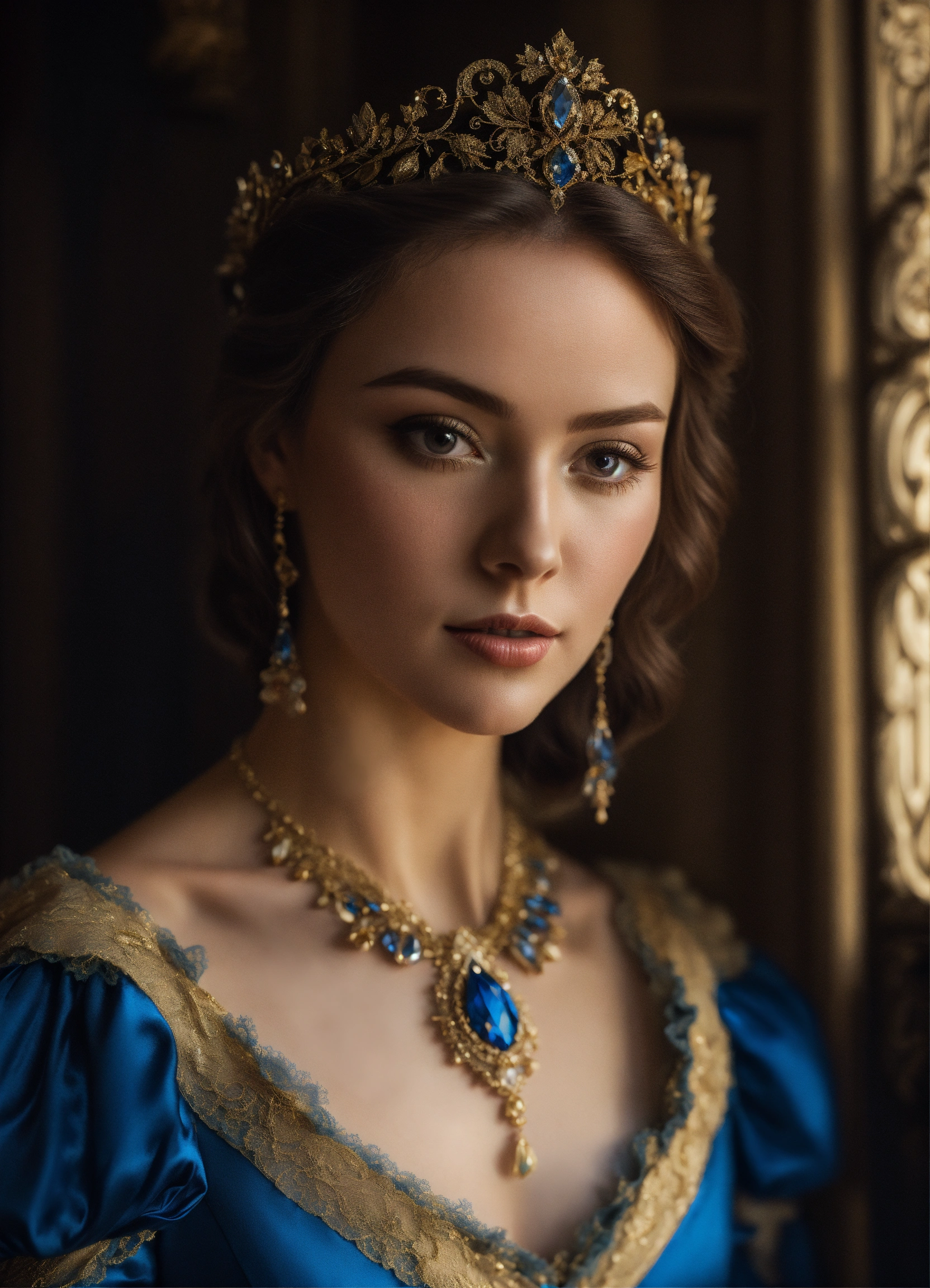 Lexica - Closeup Photorealistic woman in Renaissance blue-and-gold gown ...