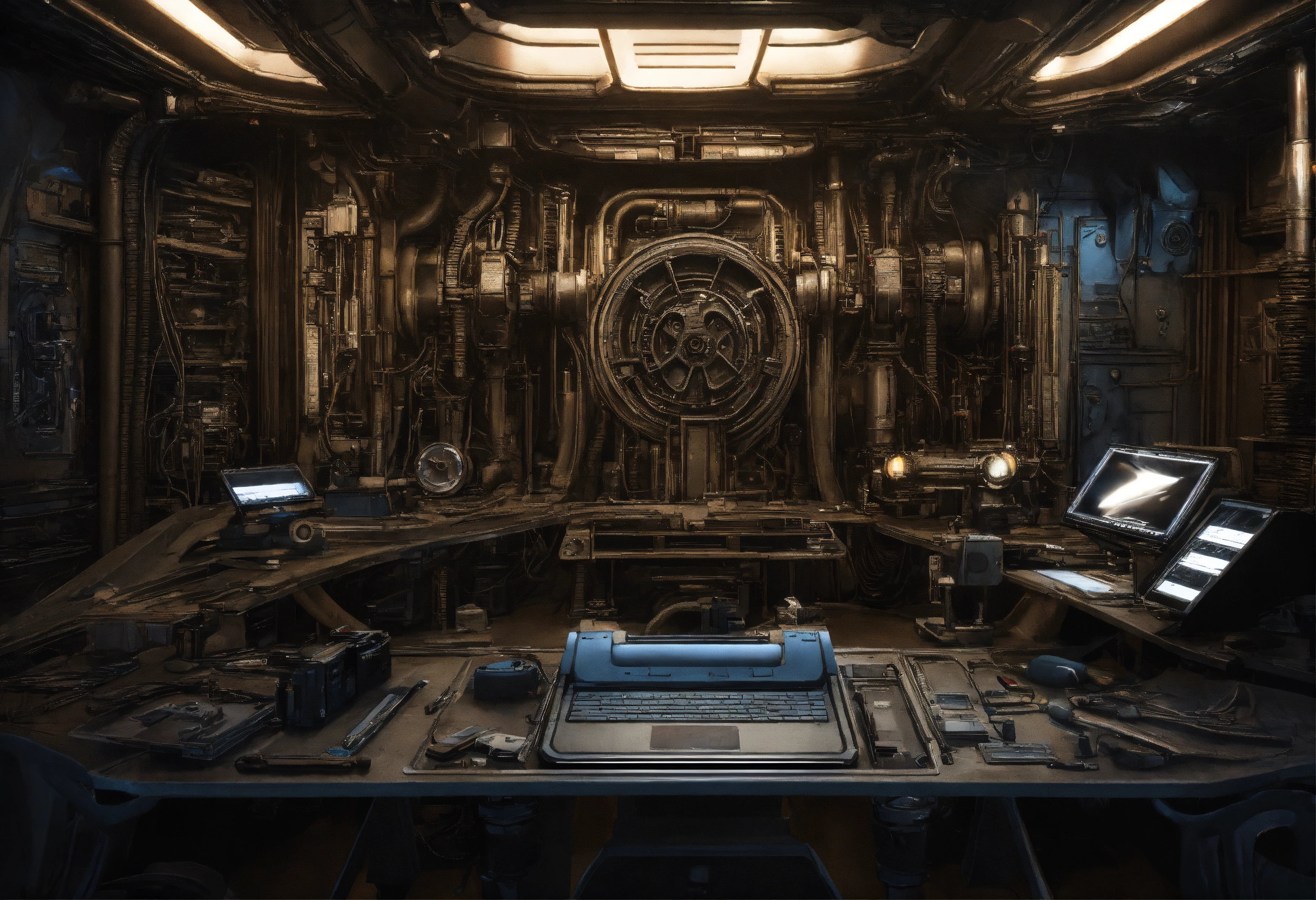 Lexica - H.R Giger style TOP-VIEW of a worktable station desk 8k resolution