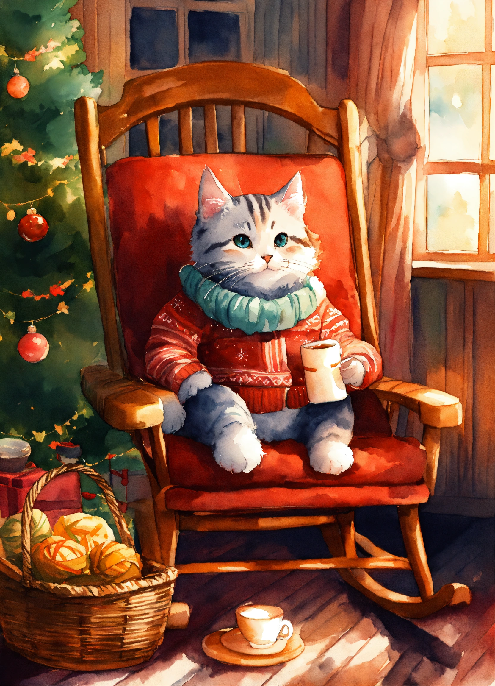 Lexica - Cute humanized cat sitting in a rocking chair with hot tea in ...