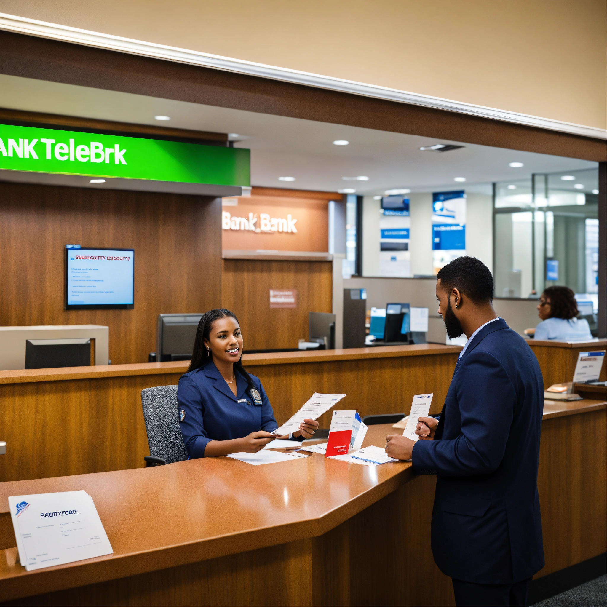 Lexica - A photo of a bank teller talking to a customer. The bank ...