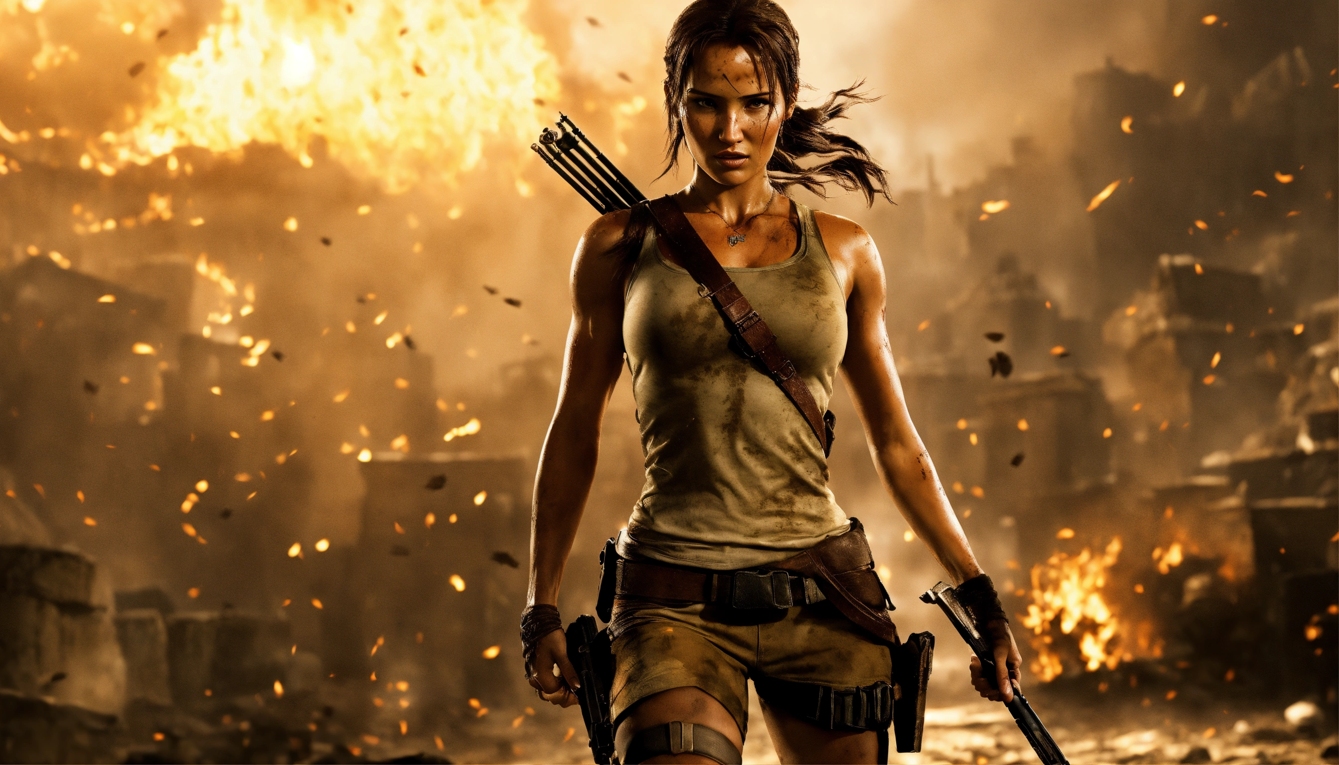 Lexica - Produce me an image of Lara Croft in fighting action, movie ...