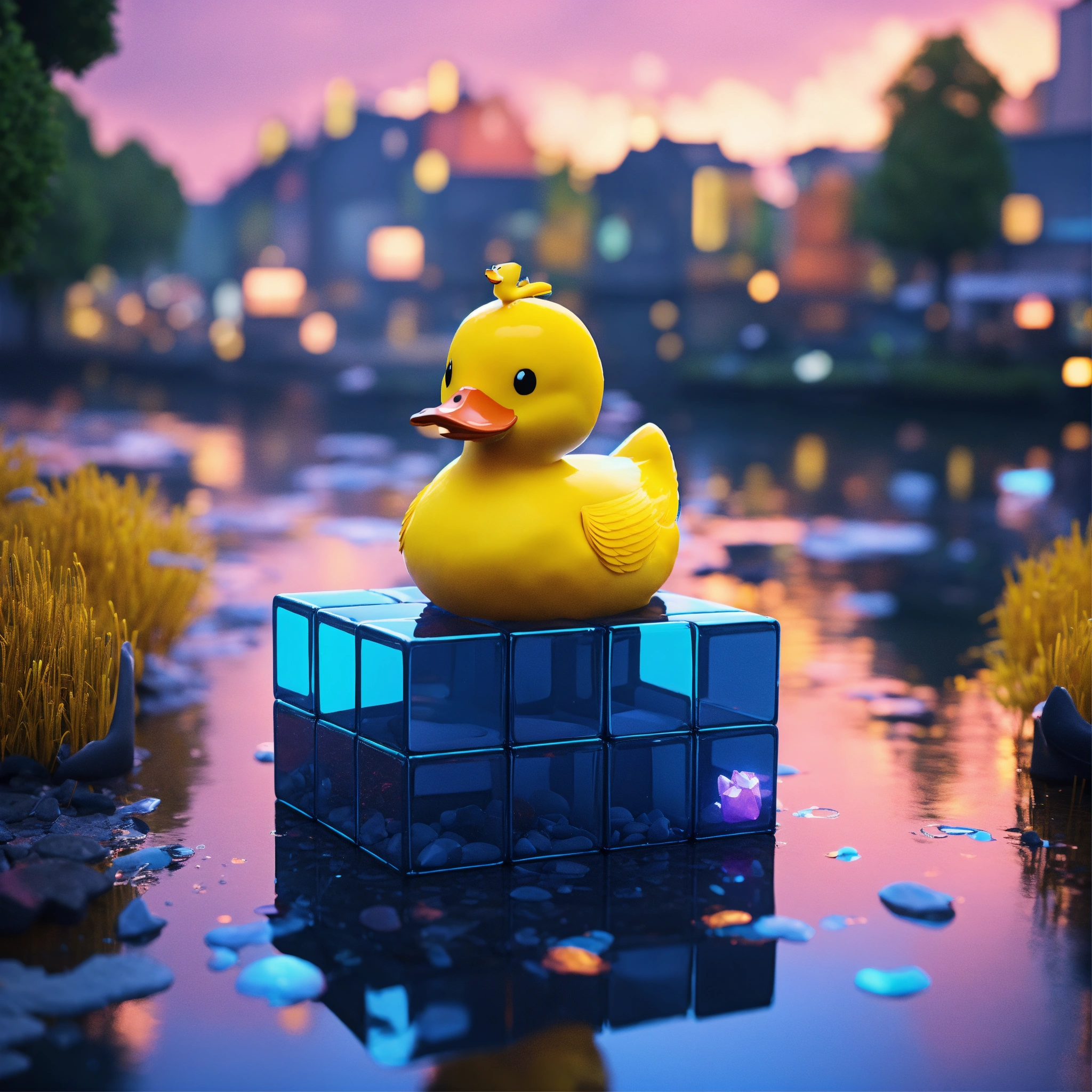 Lexica - A cute yellow cube duck in a cube and prism town, unreal ...