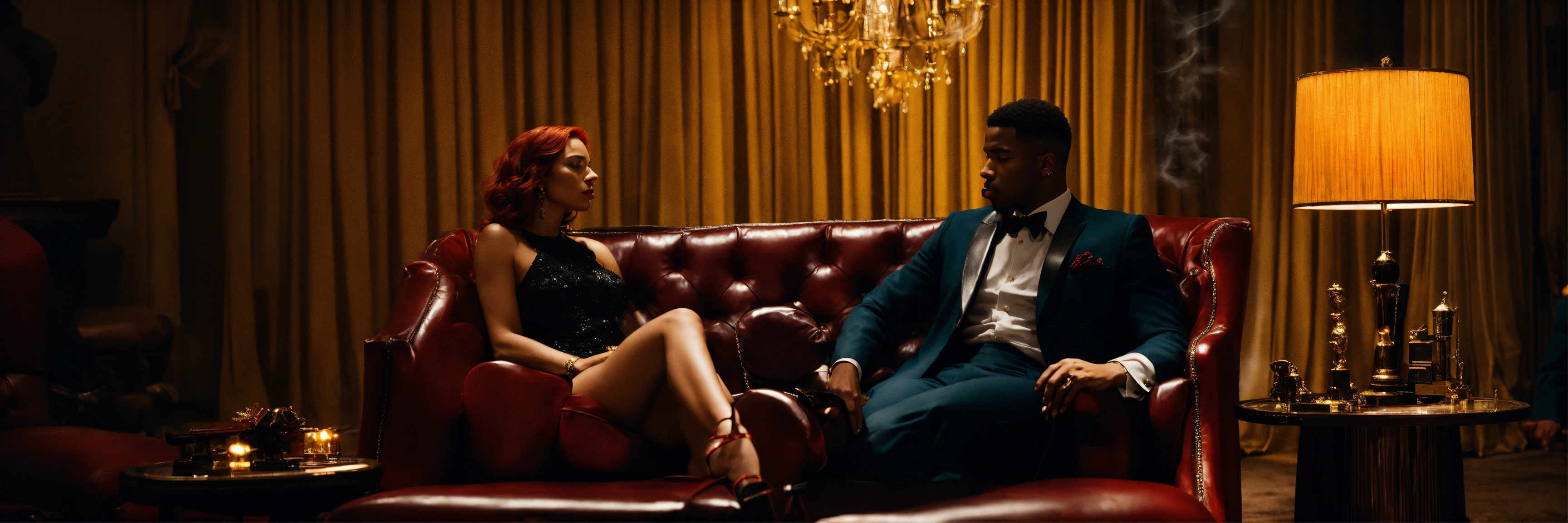 Lexica - Dark aesthetic long shot, a charming redhead woman and dark black male gentleman ...