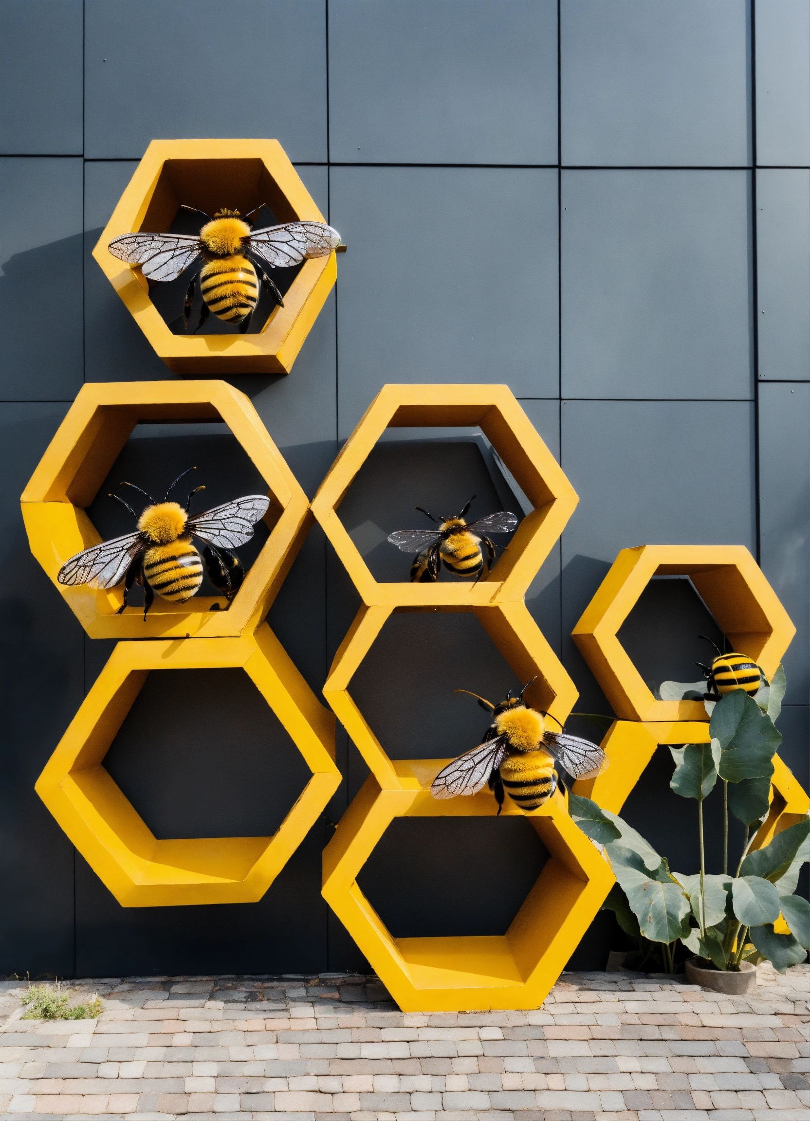 Lexica - Two bees sculpture facade hexagon gate design