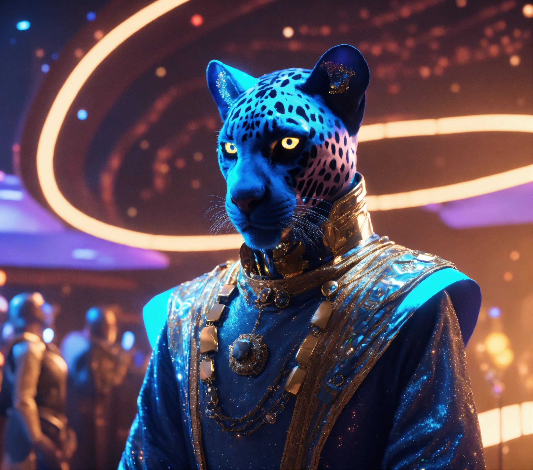 Lexica - Zoom out from a male panther faced humanoid wearing a fancy ...